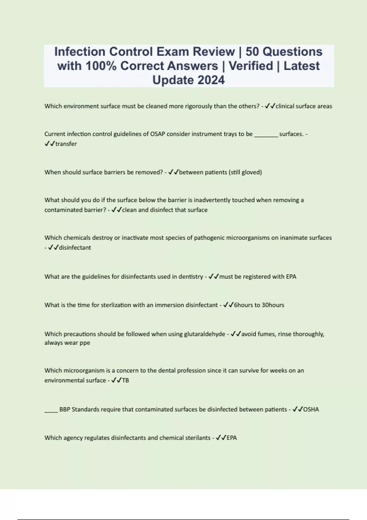 Infection Control Exam Review | 50 Questions with 100% Correct Answers ...