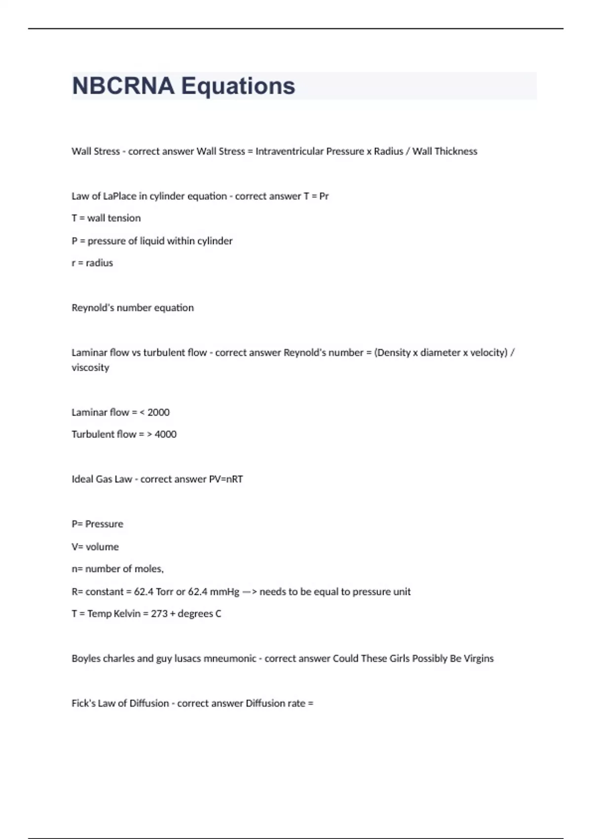 NBCRNA Equations Question and answers already passed 2023/2024 - NBCRNA ...