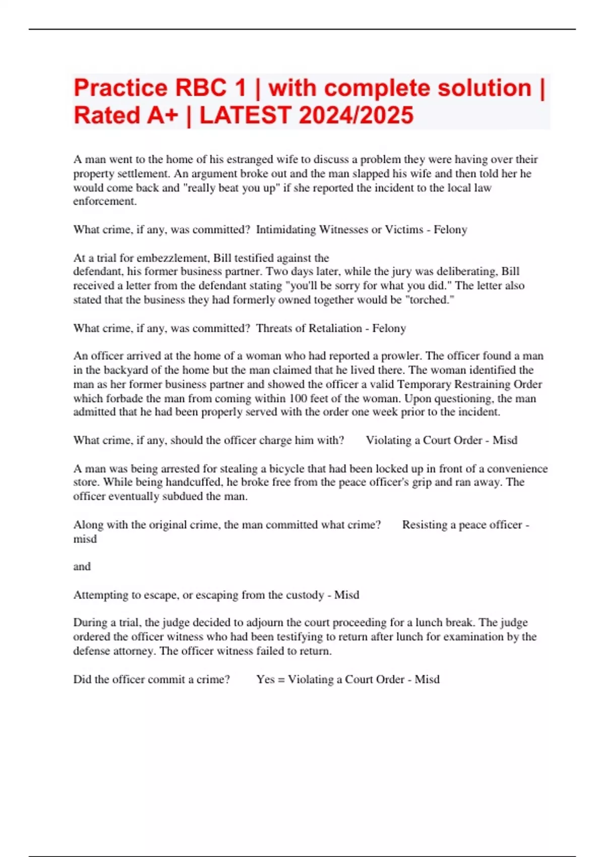 Practice RBC 1 | with complete solution | Rated A+ | LATEST 2024/2025 ...