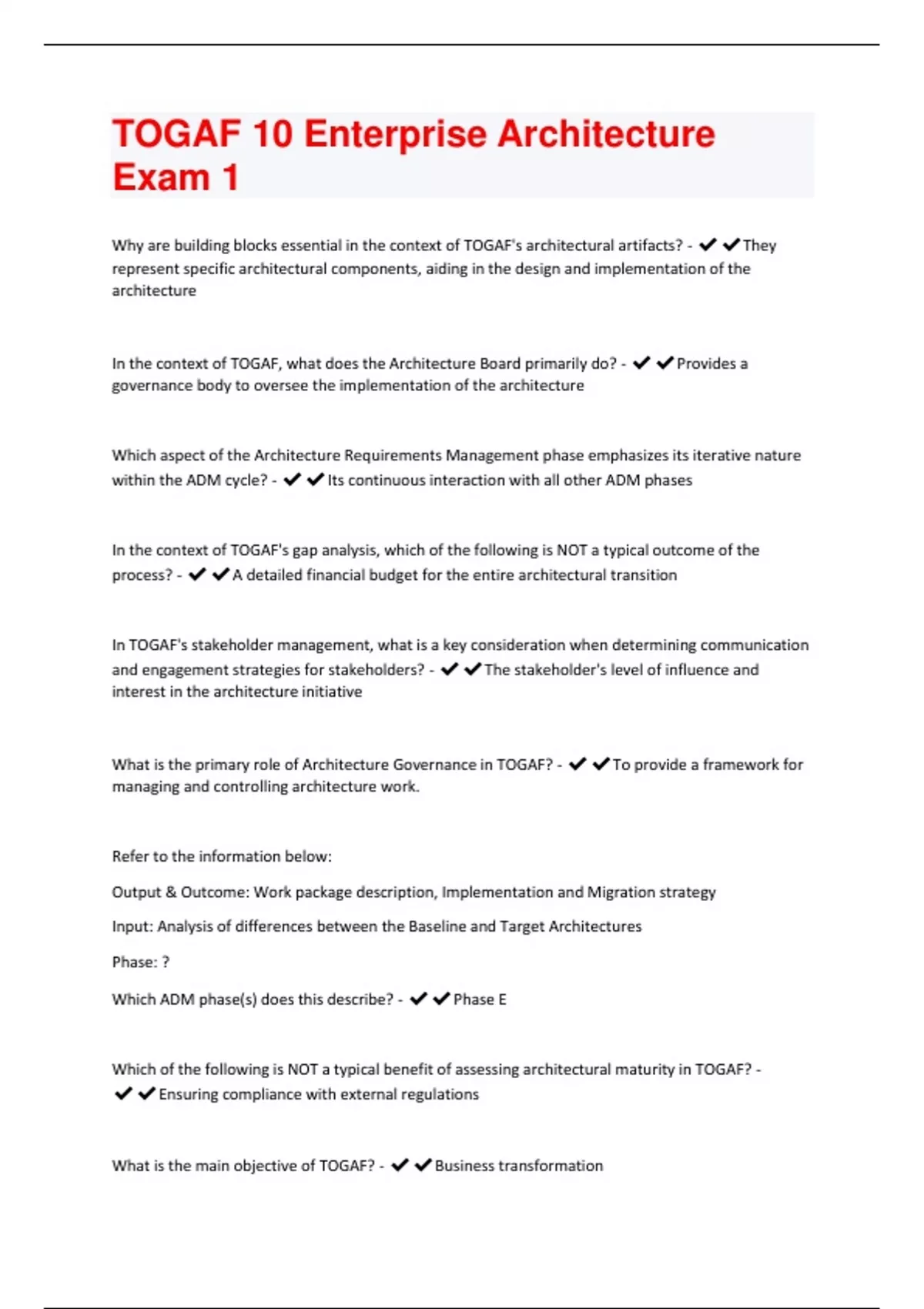 TOGAF 10 Enterprise Architecture Exam 1 Questions And Answers Rated 100% Correct!! - TOGAF 10 ...