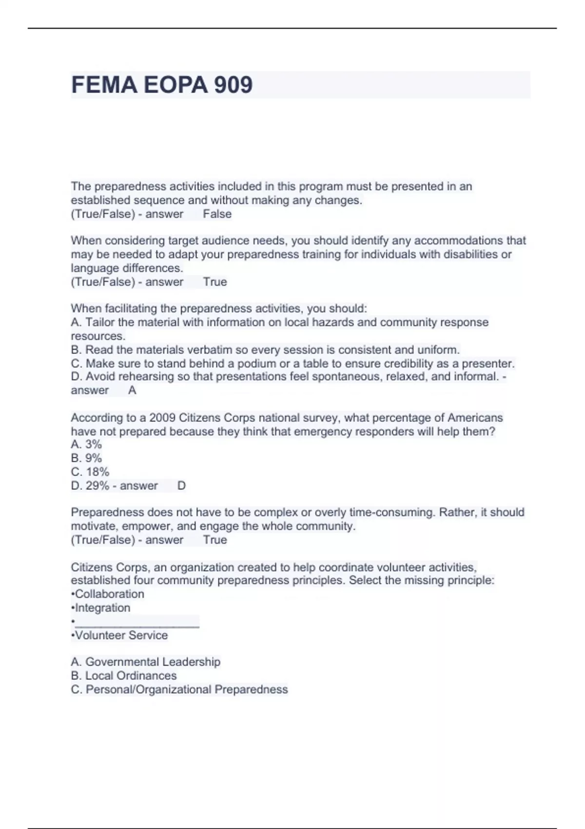 FEMA EOPA 909 QUESTIONS WITH SOLUTIONS 2024 - Fema - Stuvia US