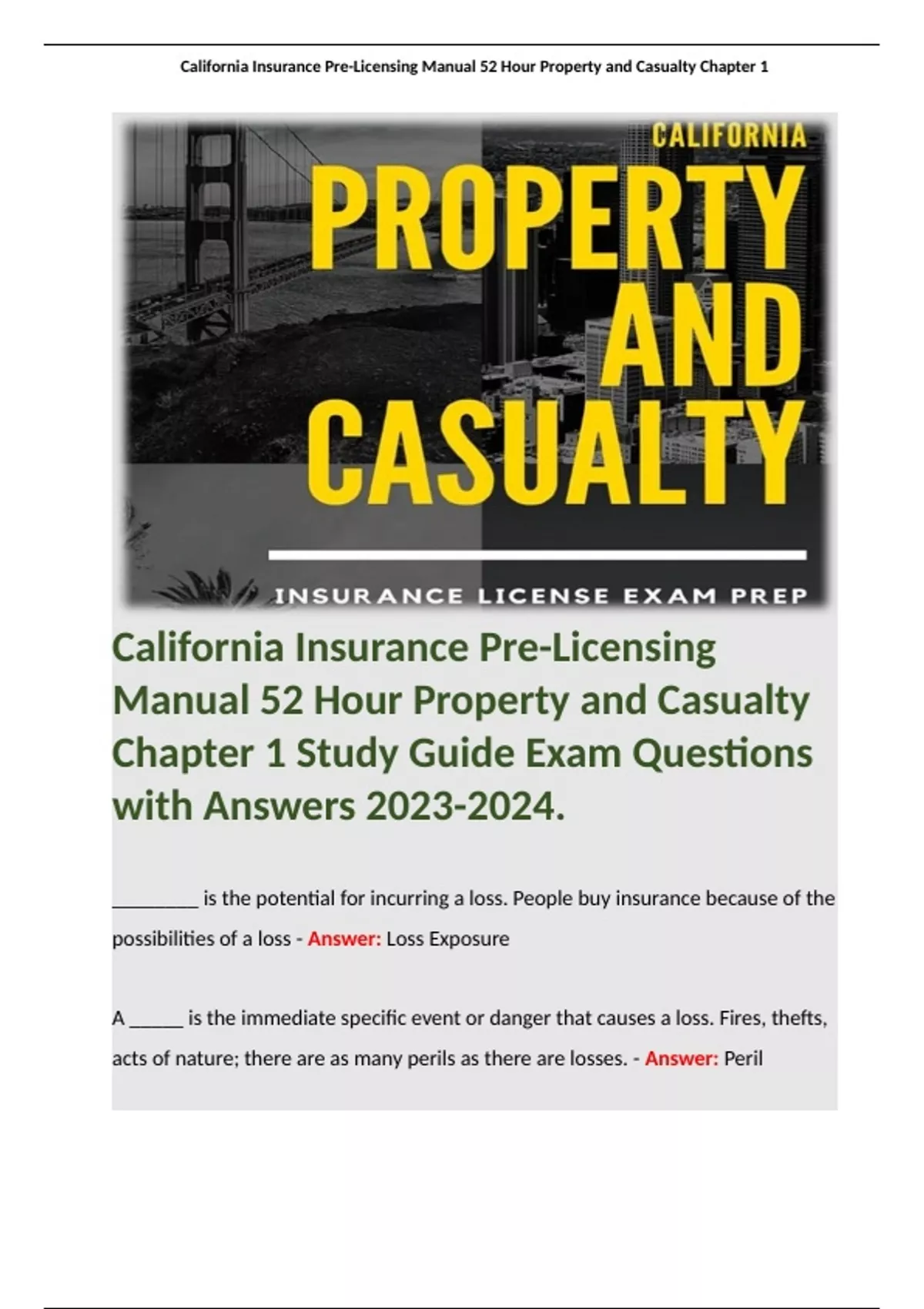 California Insurance Pre-Licensing Manual 52 Hour Property and Casualty ...