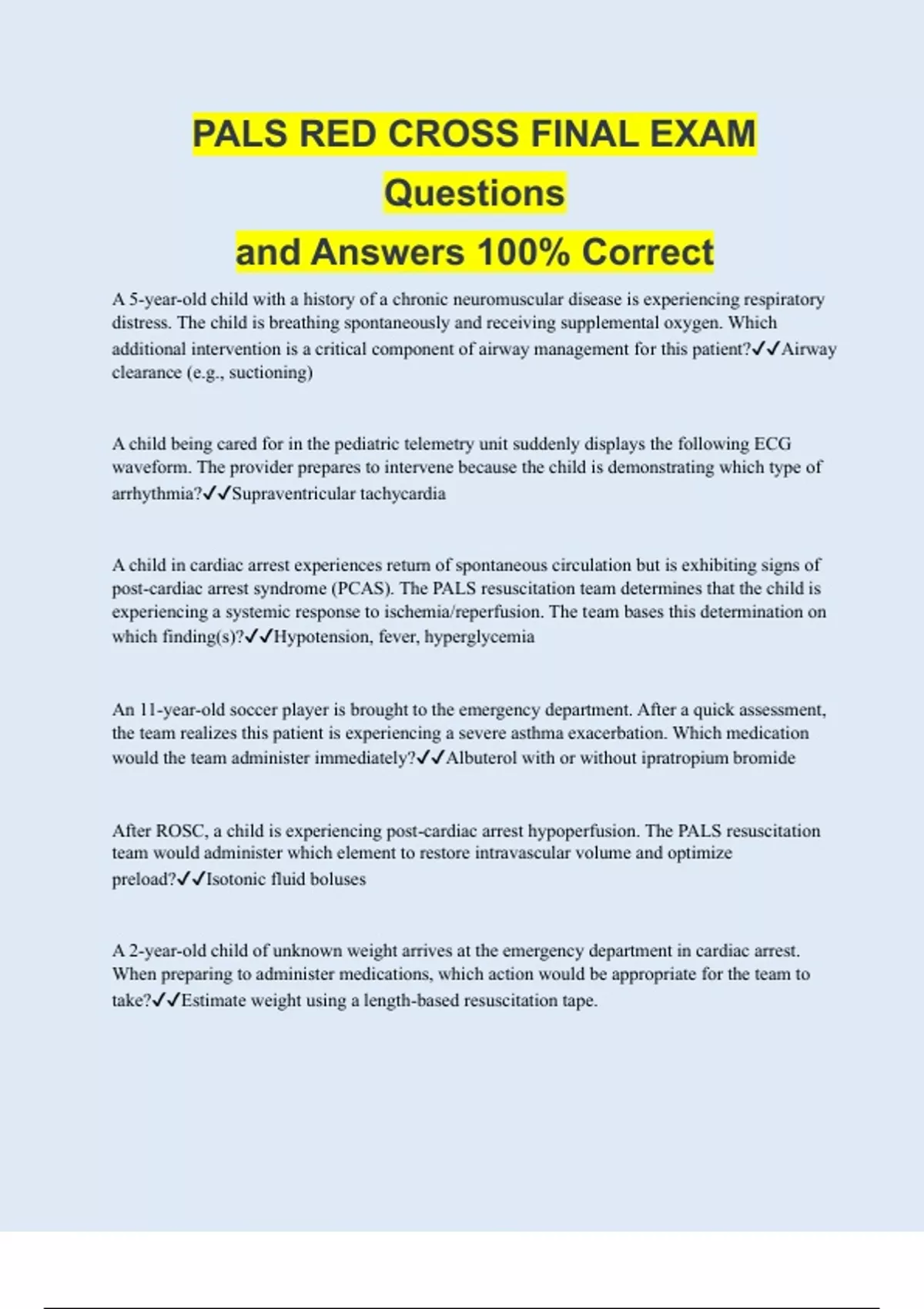 PALS RED CROSS FINAL EXAM Questions and Answers 100% Correct - PALS RED ...