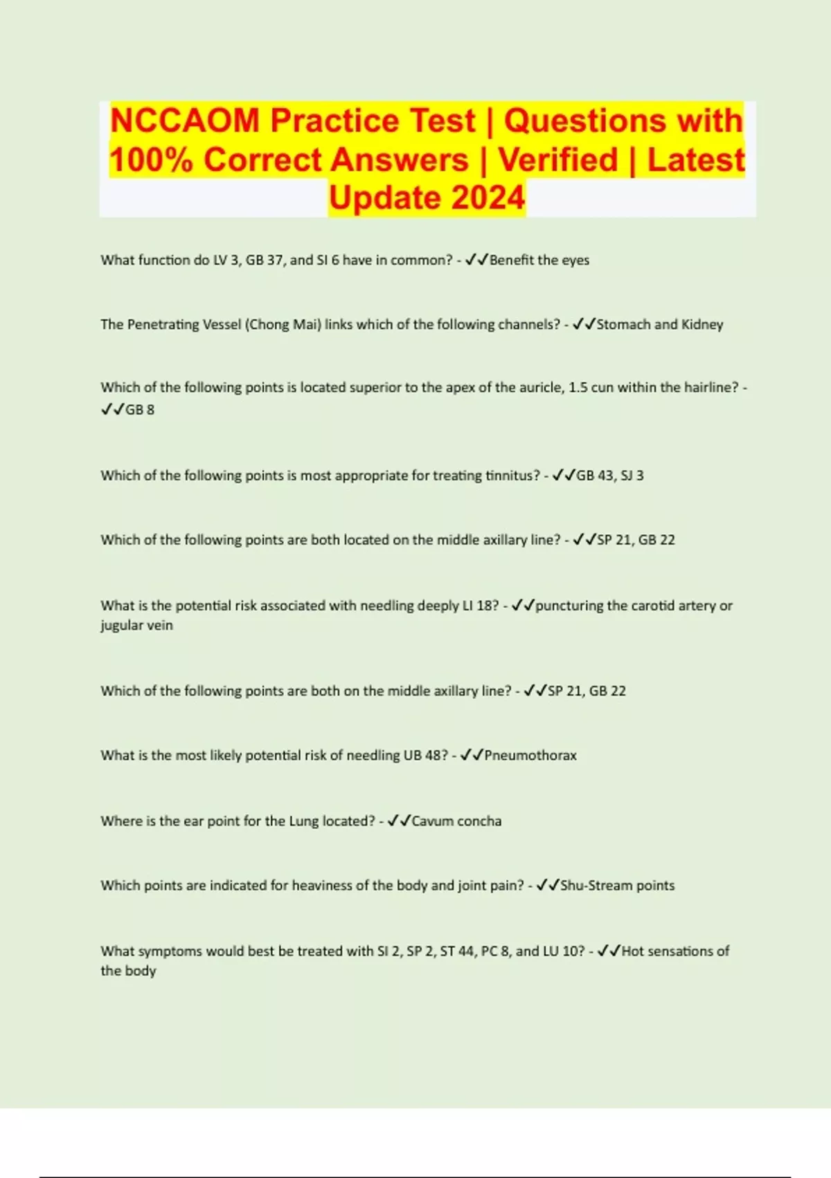 NCCAOM Practice Test | Questions with 100% Correct Answers | Verified ...