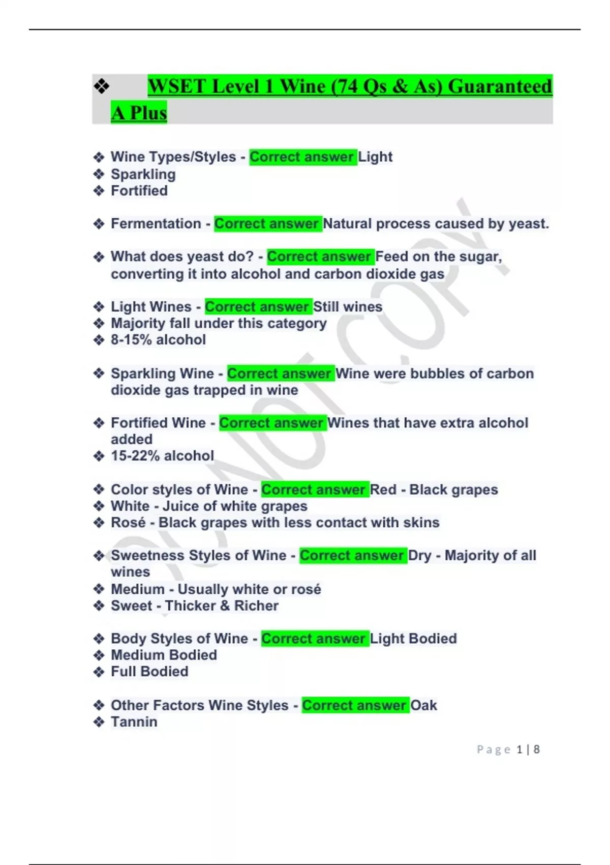 WSET Level 1 Wine (74 Qs & As) Guaranteed A Plus. - Nasm - Stuvia US