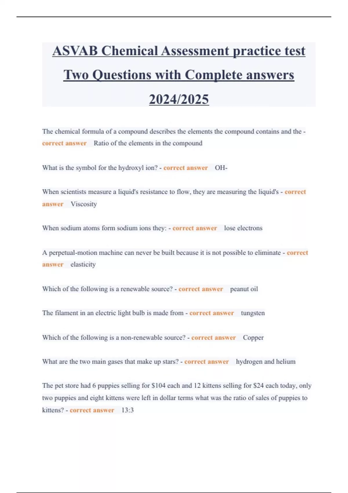 ASVAB Chemical Assessment practice test Two Questions with Complete ...