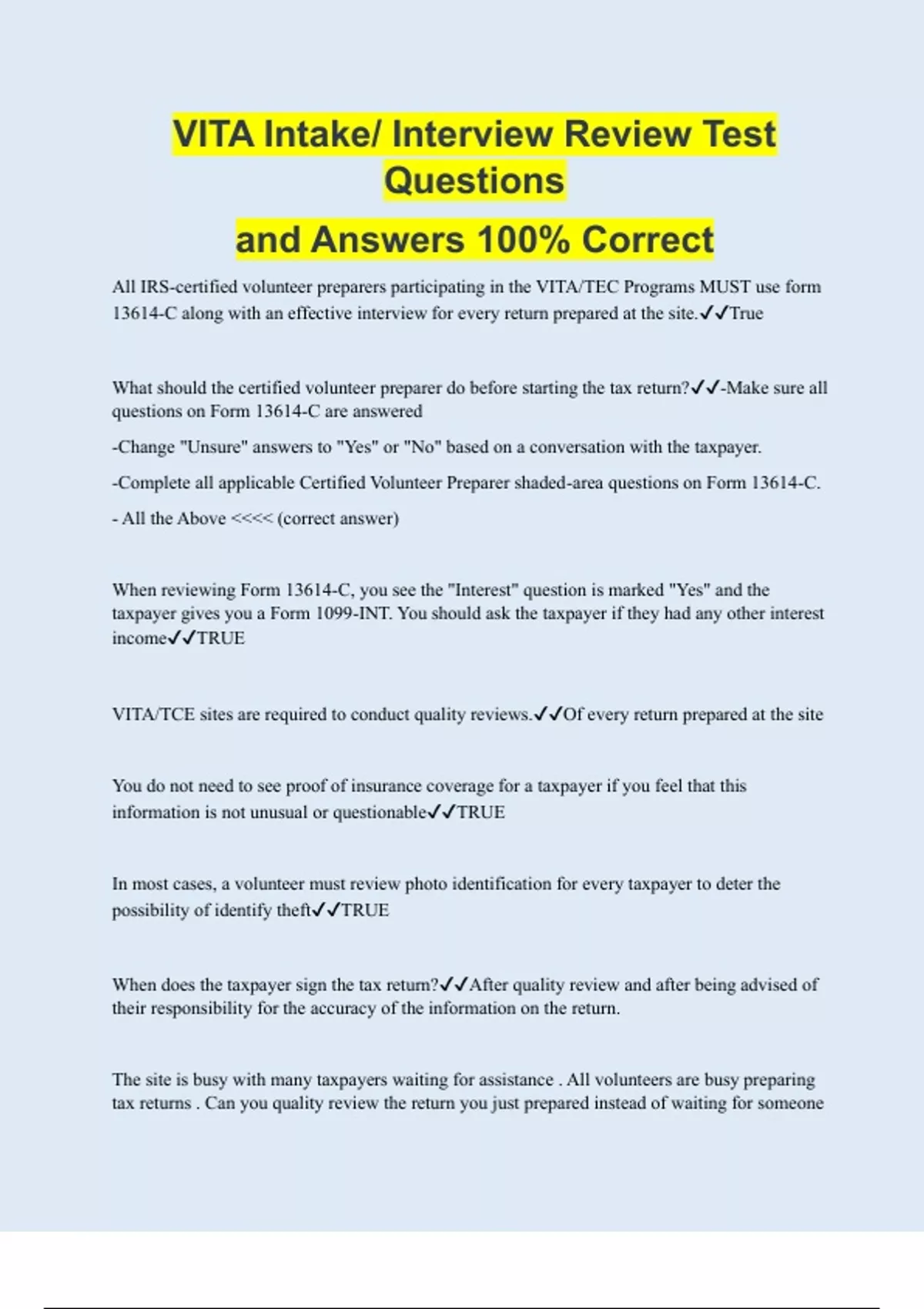 VITA Intake/ Interview Review Test Questions and Answers 100% Correct ...