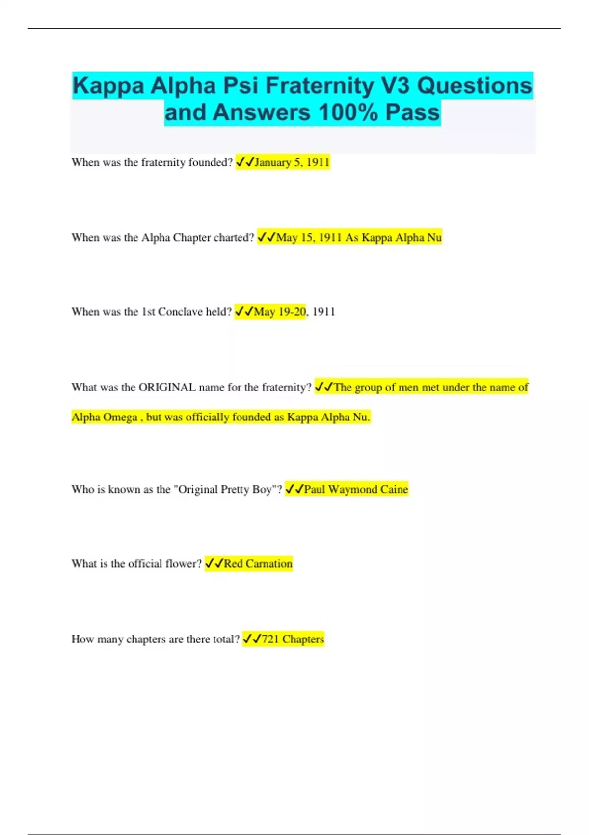 Kappa Alpha Psi Fraternity V3 Questions and Answers 100% Pass - Kappa Alpha Psi Fraternity ...