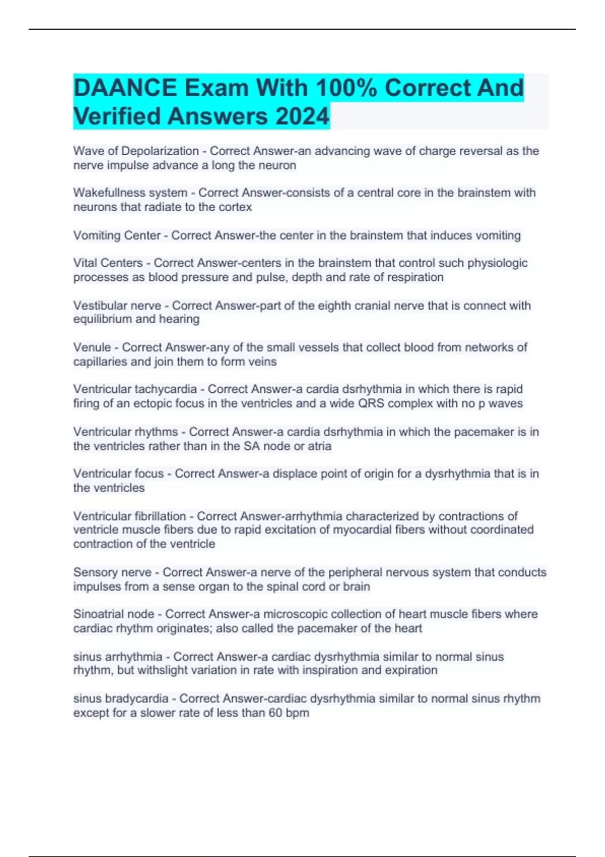 DAANCE Exam With 100% Correct And Verified Answers 2024 - DAANCE ...