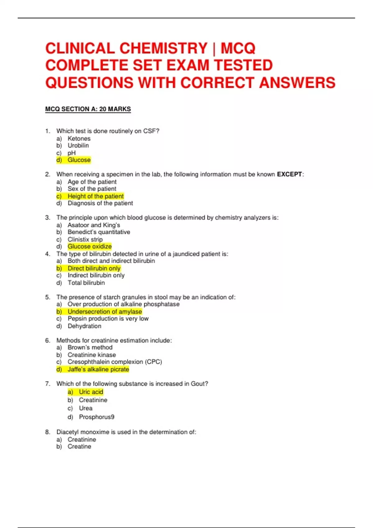CLINICAL CHEMISTRY | MCQ COMPLETE SET EXAM TESTED QUESTIONS WITH ...