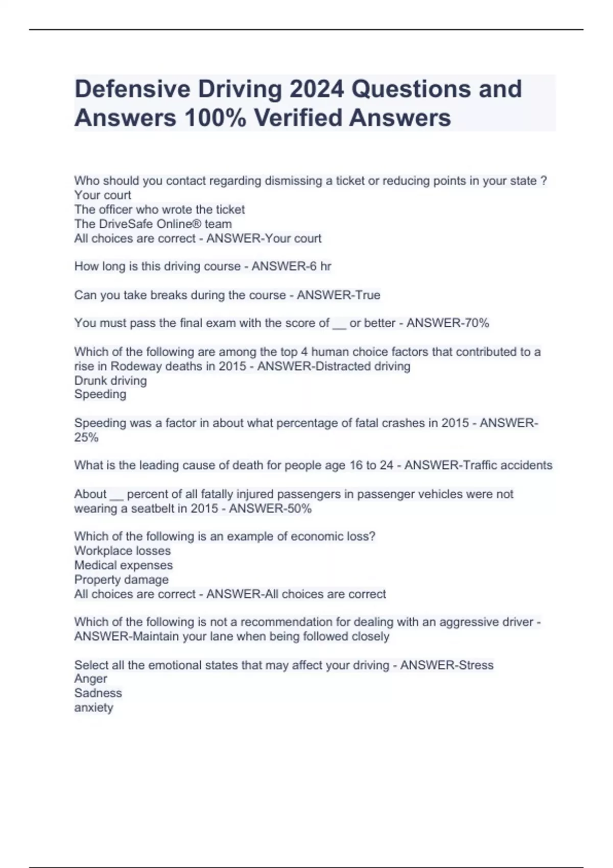 Defensive Driving 2024 Questions and Answers 100% Verified Answers ...