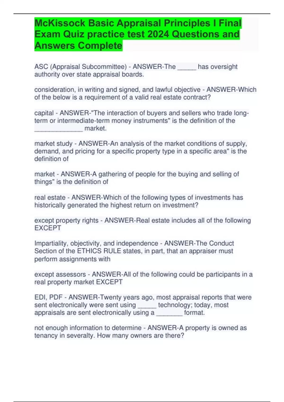 McKissock Basic Appraisal Principles I Final Exam Quiz practice test ...