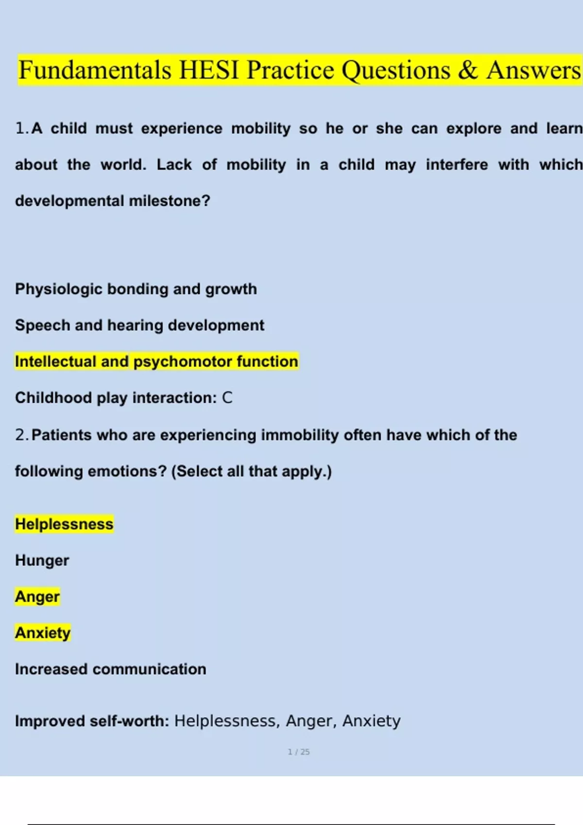 (COMPLETE) HESI FUNDAMENTAL Practice QUESTIONS WITH ALL CORRECT ANSWERS ...