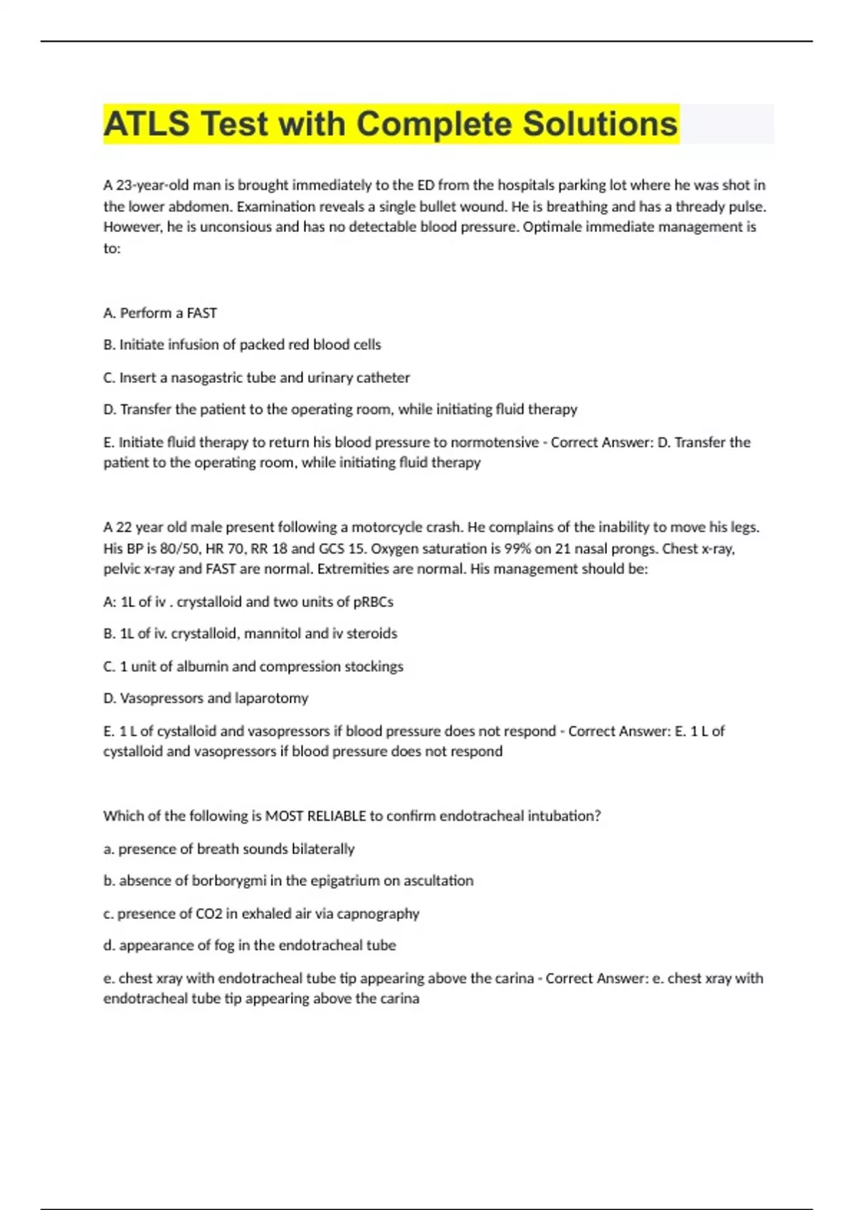 ATLS Test with Complete Solutions - ATLS-POST - Stuvia US