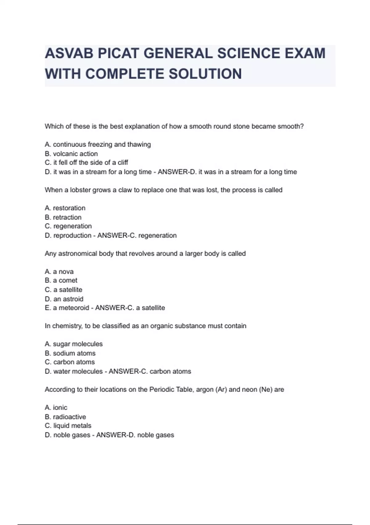 ASVAB PICAT GENERAL SCIENCE EXAM WITH COMPLETE SOLUTION - ASVAB PICAT ...