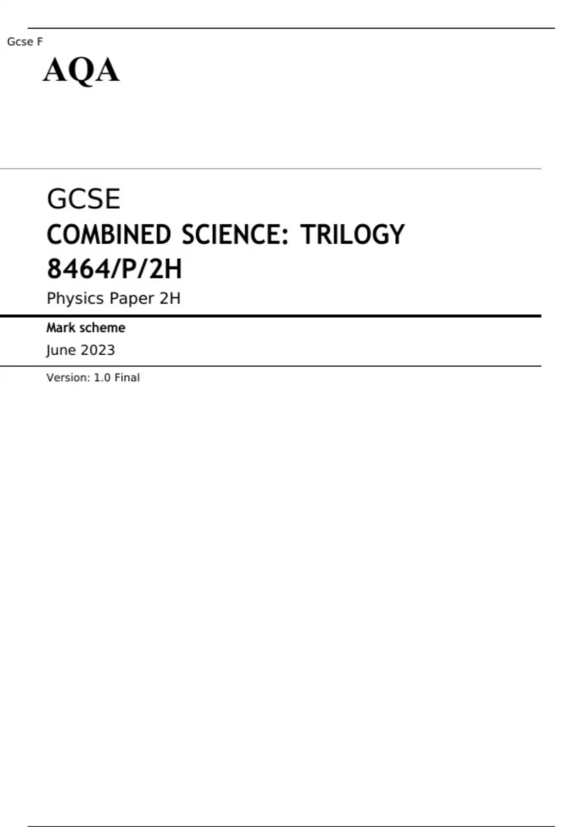 AQA GCSE COMBINED SCIENCE: TRILOGY Higher Tier Physics Paper 2H JUNE ...