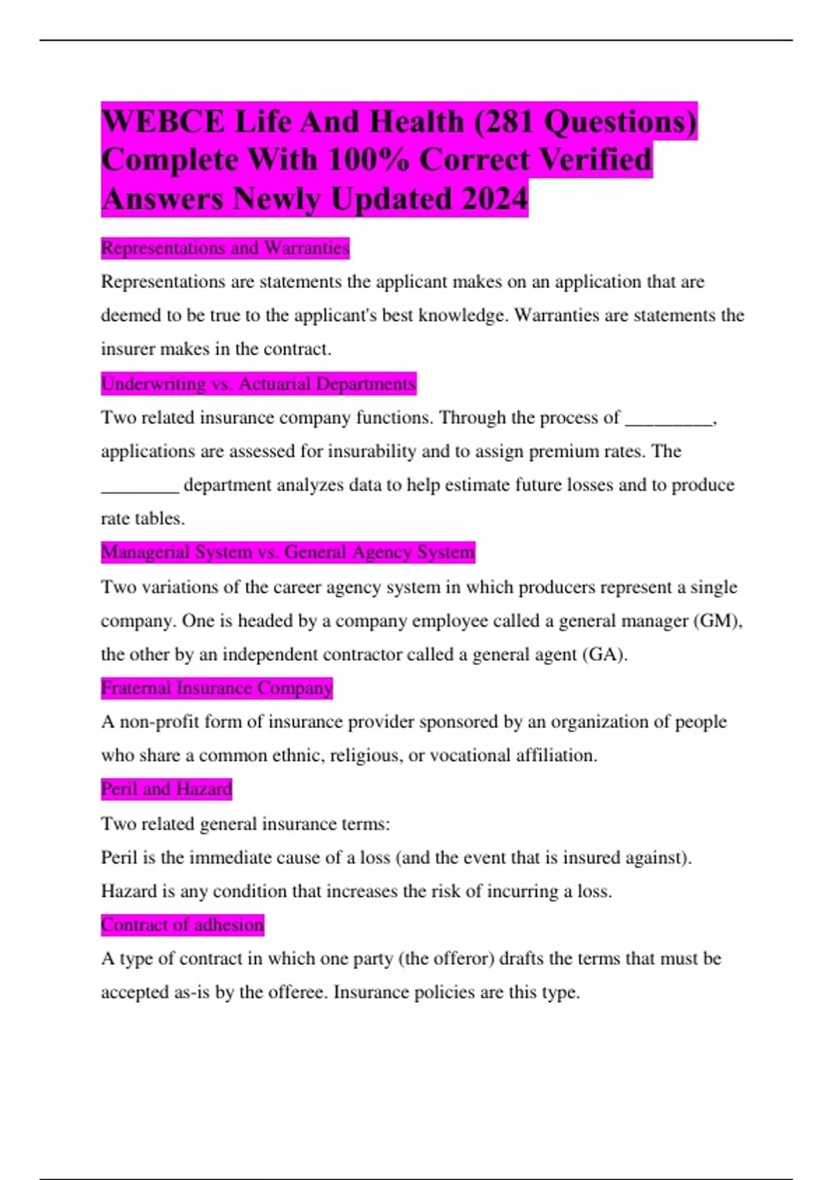 WEBCE Life And Health (281 Questions) Complete With 100% Correct ...