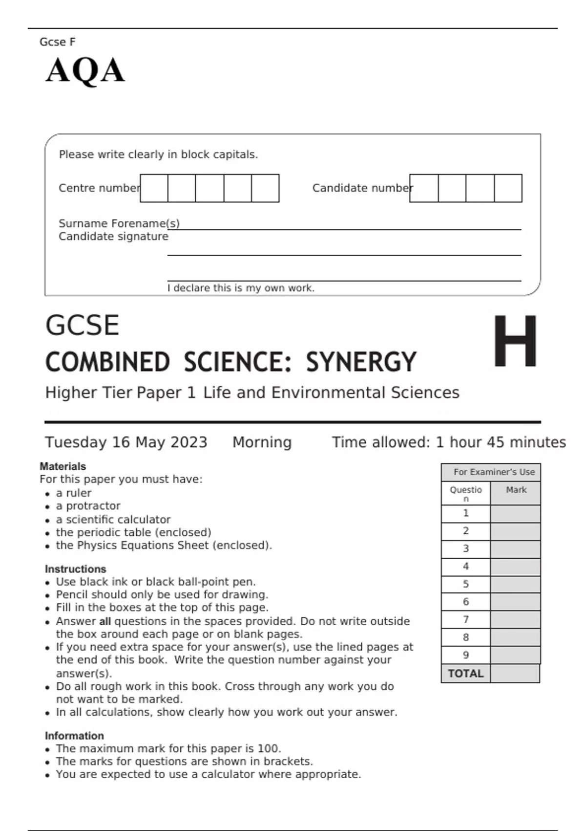 AQA GCSE COMBINED SCIENCE: SYNERGY Higher Tier Paper 1 JUNE 2023 ...