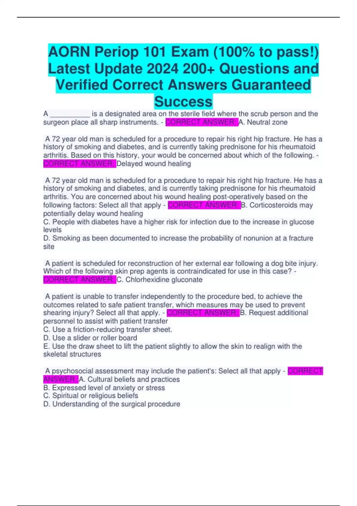 AORN Periop 101 Exam (100% to pass!) Latest Update 2024 200+ Questions ...