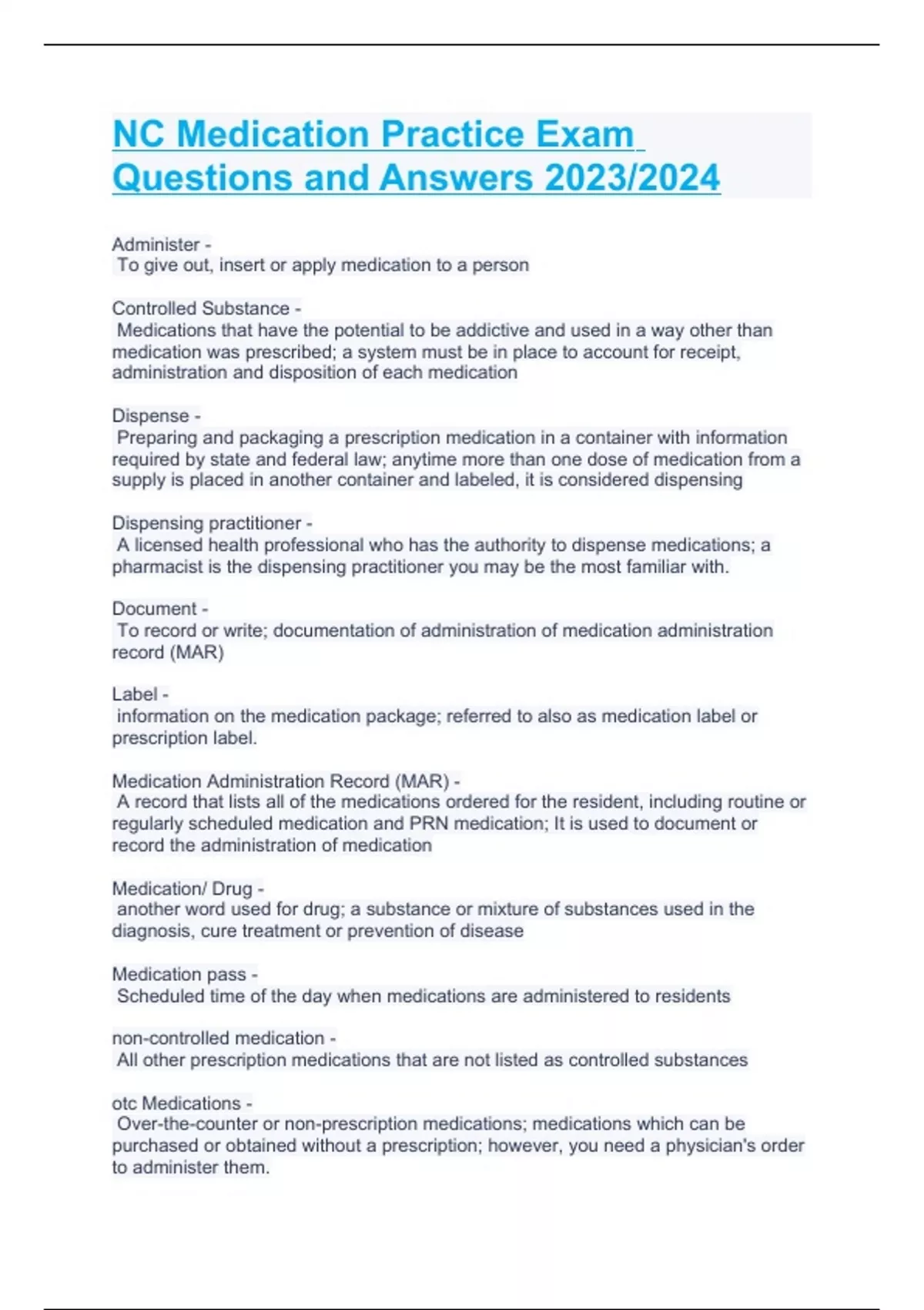 NC Medication Practice Exam Questions and Answers 2023 /2024 ...