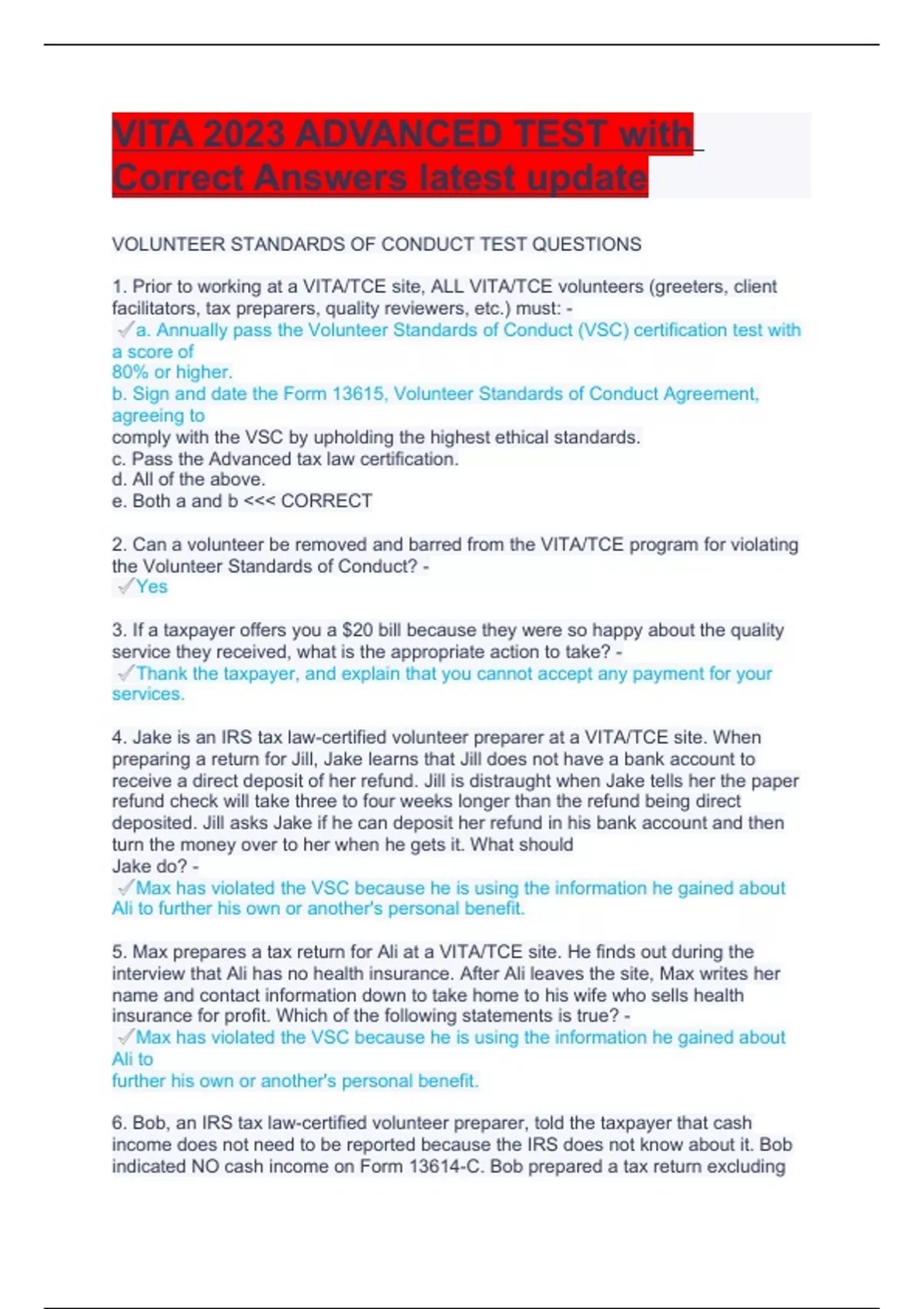 VITA 2023 ADVANCED TEST with Correct Answers latest update. - Vita ...