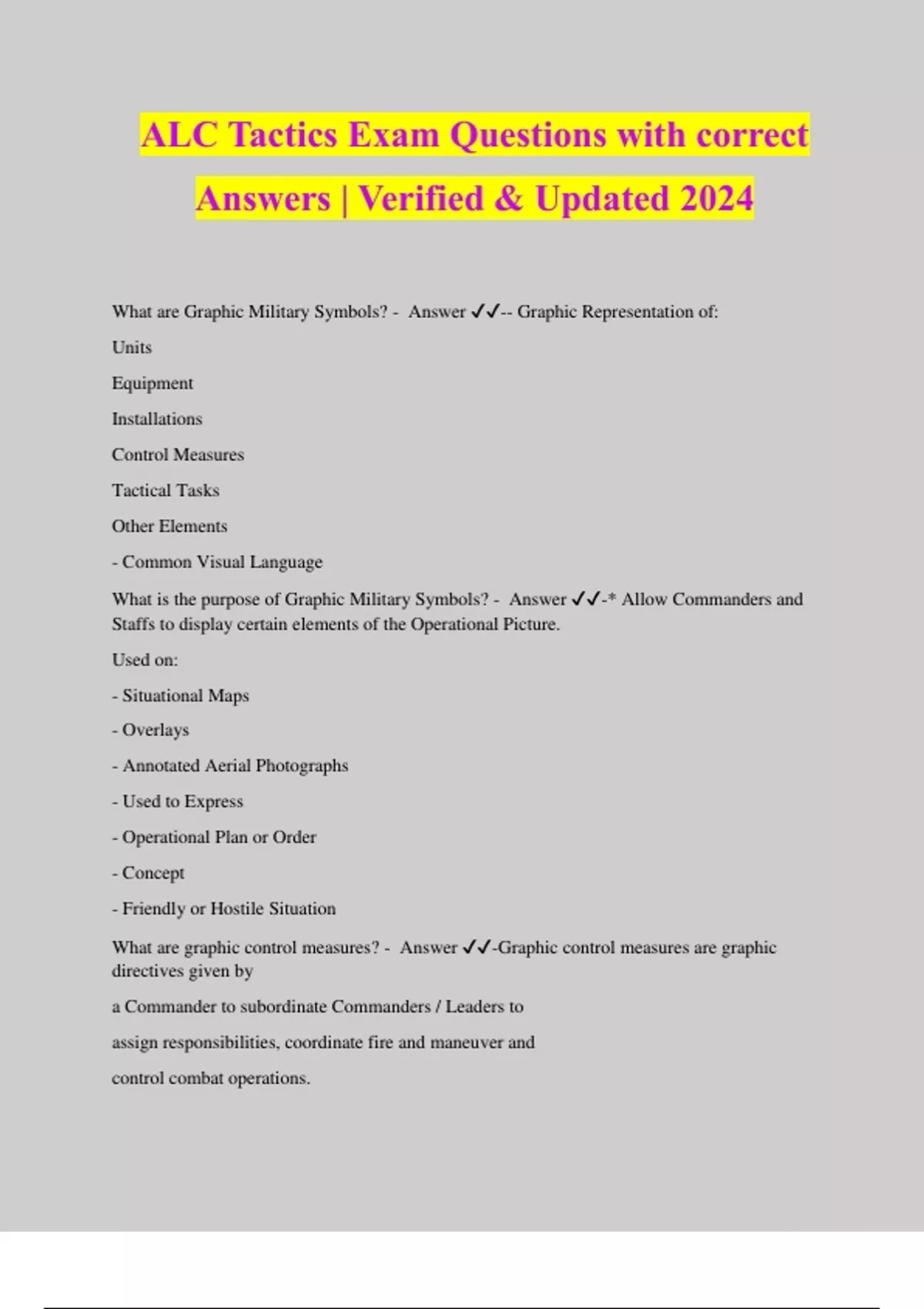 ALC Tactics Exam Questions with correct Answers | Verified & Updated 2024 - ALC - Accredited ...