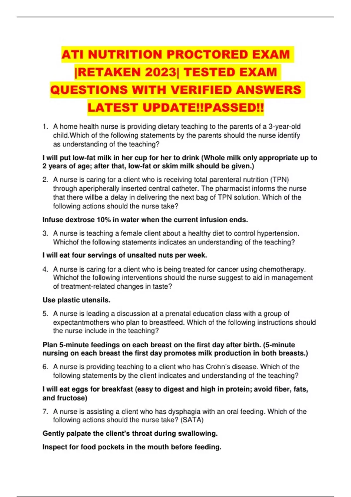 ATI NUTRITION PROCTORED EXAM |RETAKEN 2023| TESTED EXAM QUESTIONS WITH ...