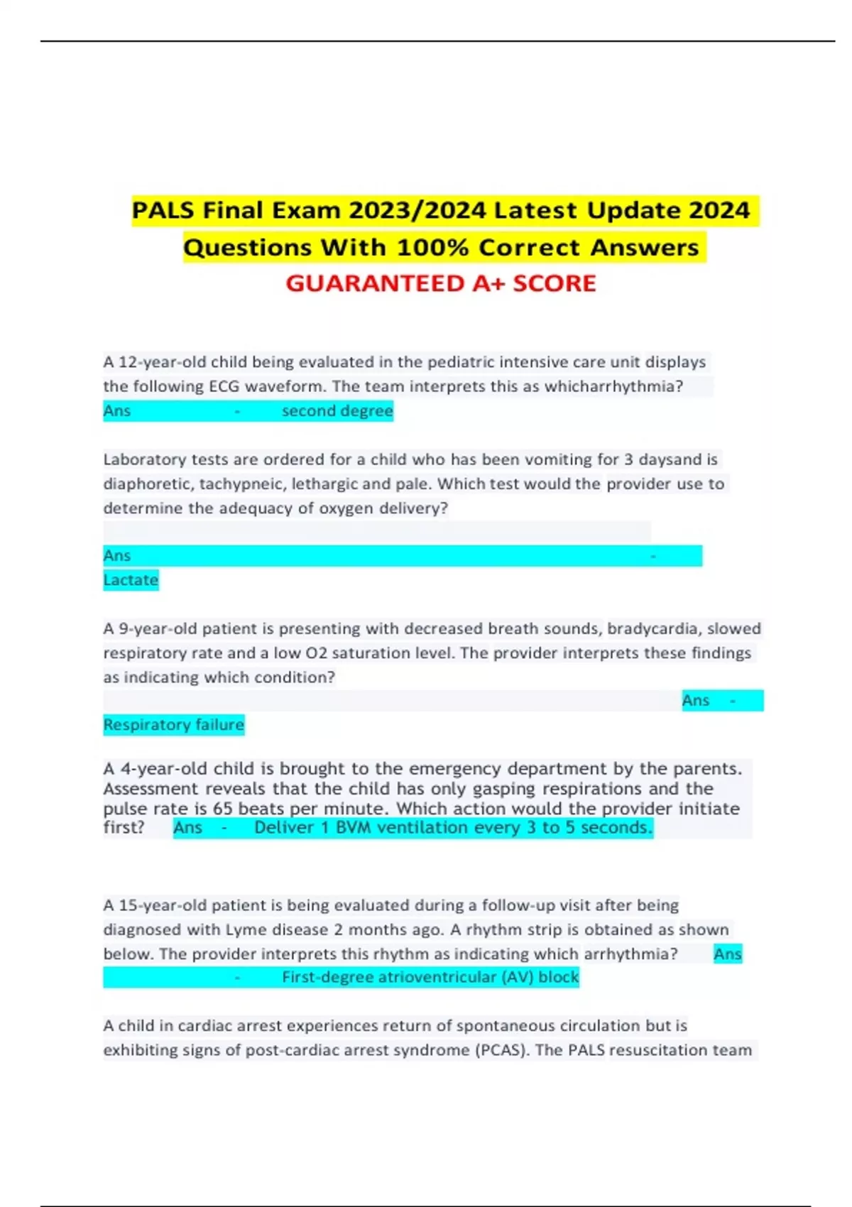 PALS Final Exam 2023/2024 Latest Update 2024 Questions With 100% ...
