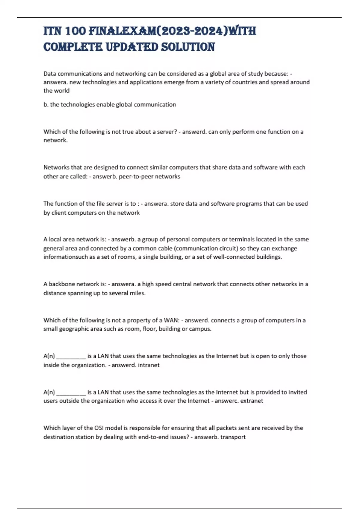 ITN 100 FINALEXAM()WITH COMPLETE UPDATED SOLUTION - ITN 100 FI - Stuvia US
