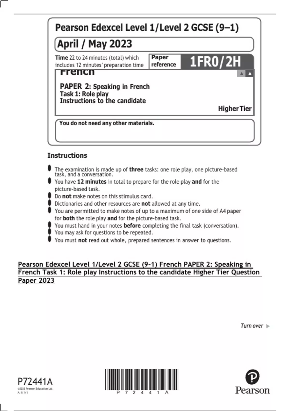 Pearson Edexcel Level 1/Level 2 GCSE (9–1) French PAPER 2: Speaking in ...