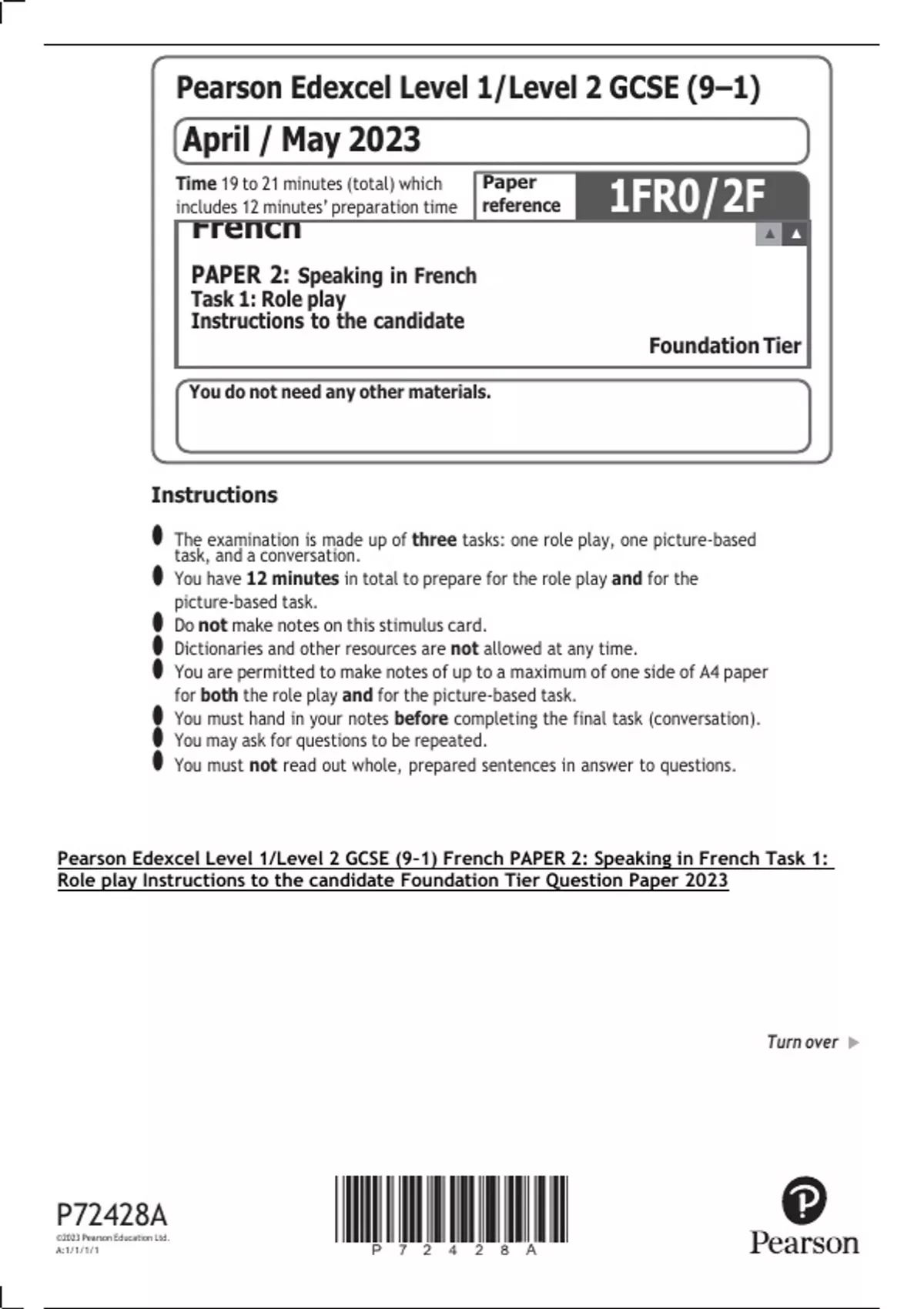 Pearson Edexcel Level 1/Level 2 GCSE (9–1) French PAPER 2: Speaking in ...