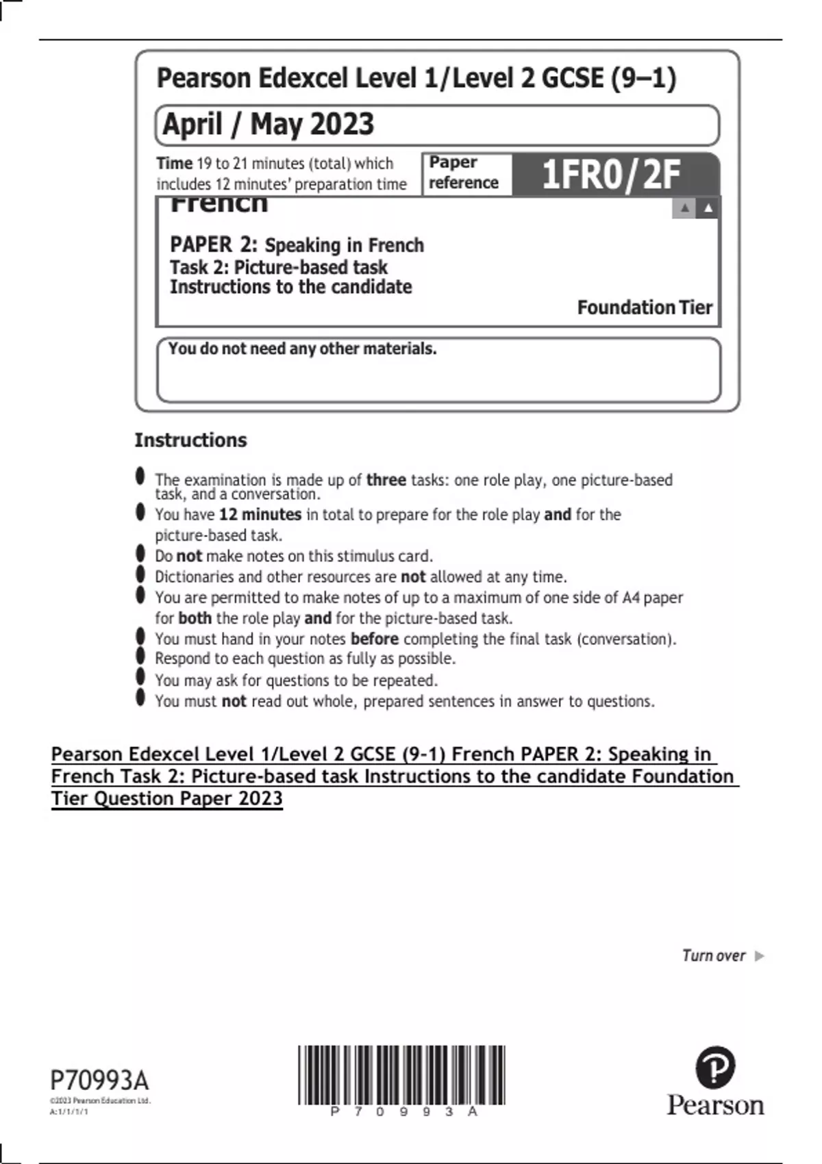 Pearson Edexcel Level 1/Level 2 GCSE (9–1) French PAPER 2: Speaking in ...