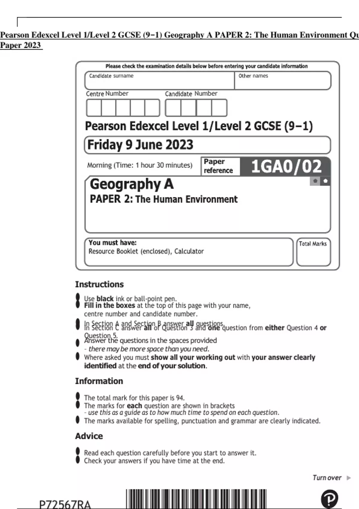 Pearson Edexcel Level 1/Level 2 GCSE (9−1) Geography A PAPER 2: The ...