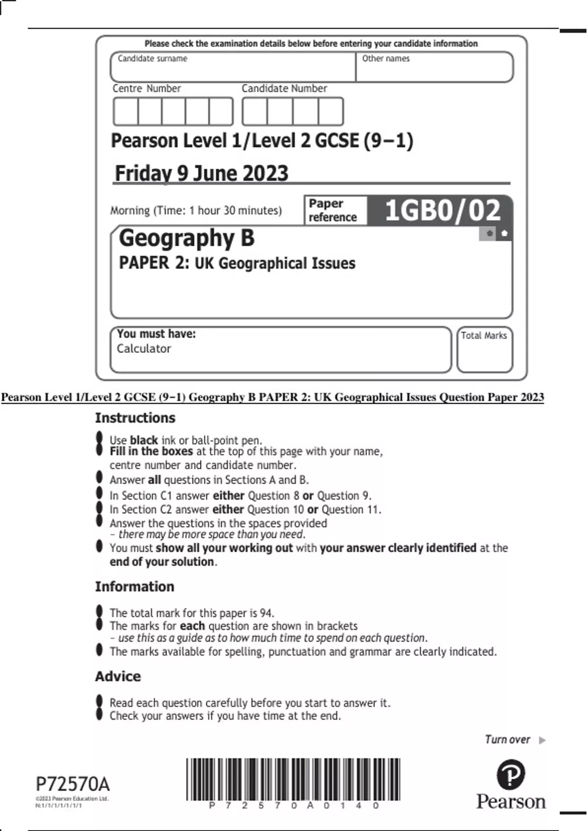 Pearson Level 1/Level 2 GCSE (9−1) Geography B PAPER 2: UK Geographical ...