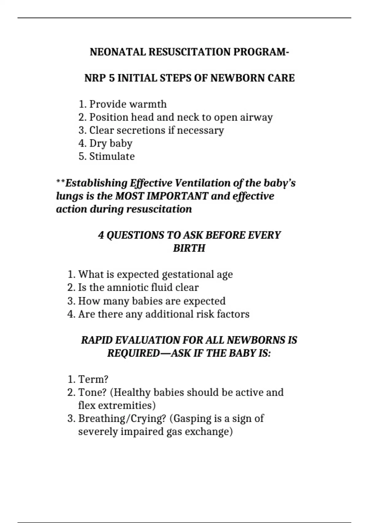 NEONATAL RESUSCITATION PROGRAM- NRP 5 INITIAL STEPS OF NEWBORN CARE - NEONATAL RESUSCITATION ...