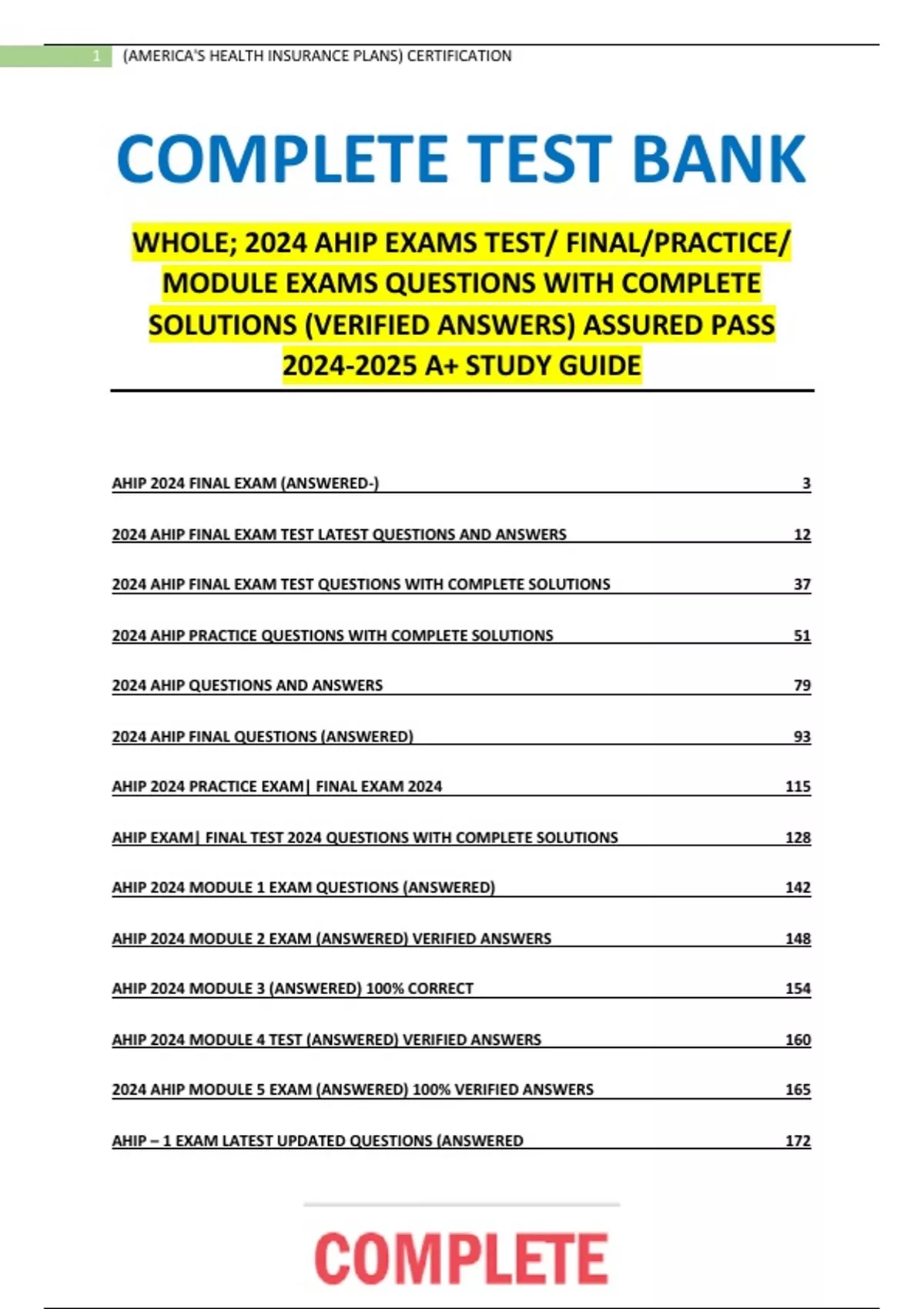 WHOLE; 2024 AHIP EXAMS TEST/ FINAL/PRACTICE/ MODULE EXAMS QUESTIONS ...