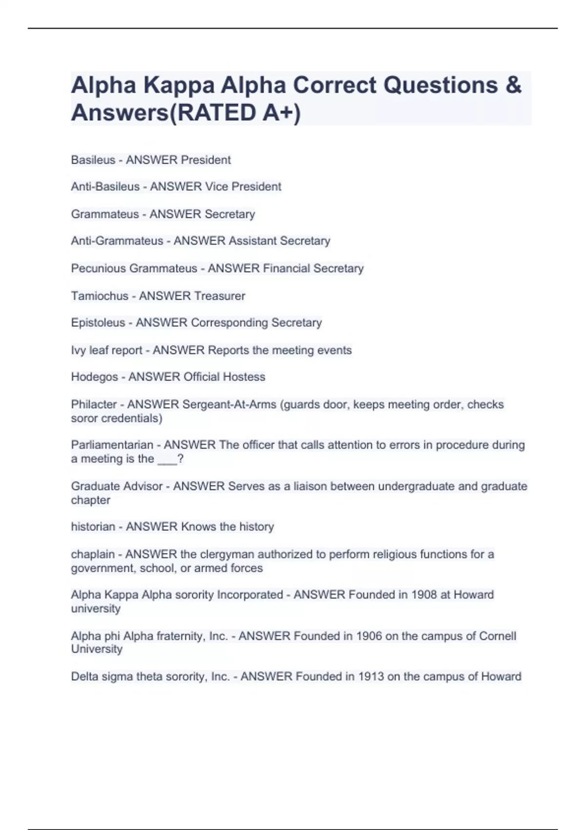 Alpha Kappa Alpha Correct Questions & Answers(RATED A+) - Alpha Kappa ...