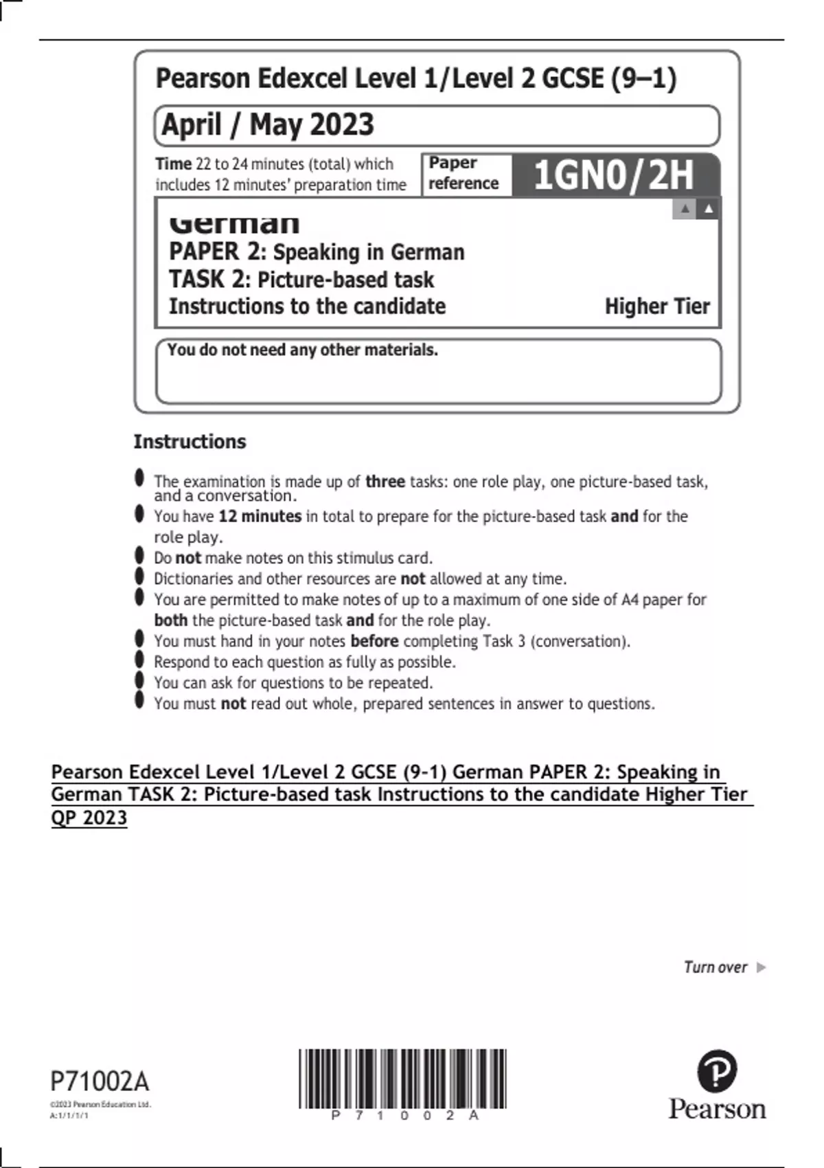 Pearson Edexcel Level 1/Level 2 GCSE (9–1) German PAPER 2: Speaking in ...