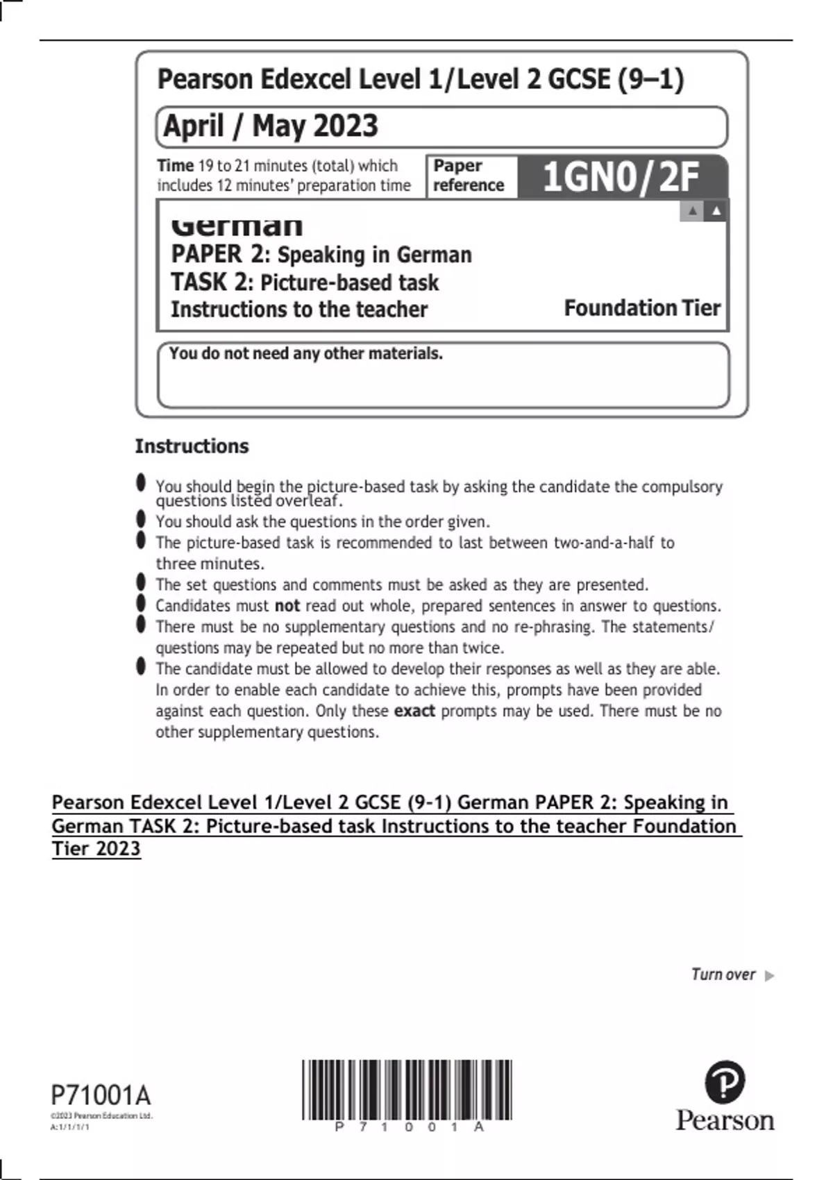 Pearson Edexcel Level 1/Level 2 GCSE (9–1) German PAPER 2: Speaking in ...