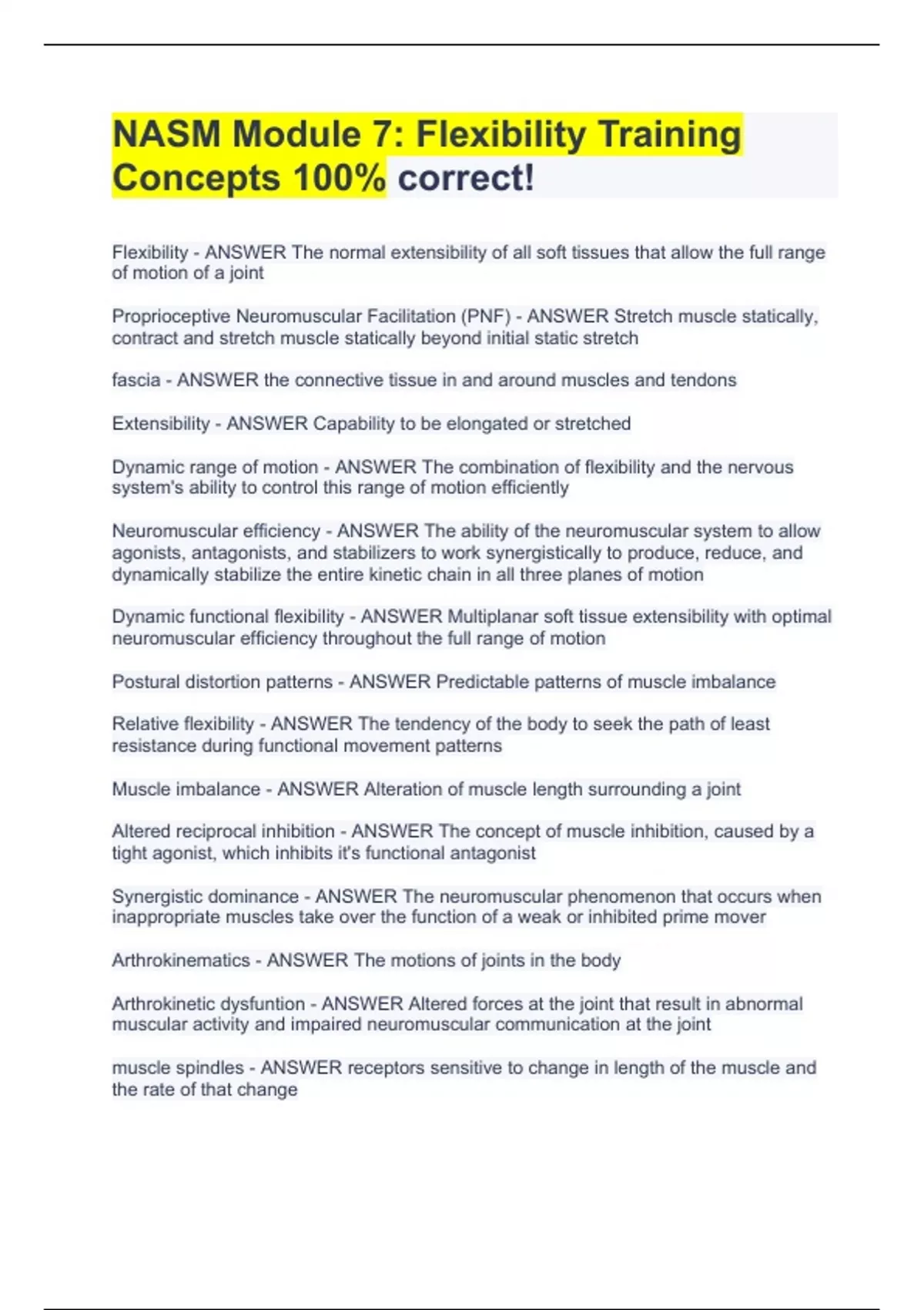 NASM Module 7: Flexibility Training Concepts 100% correct! - NASM Module 7: Flexibility Training ...