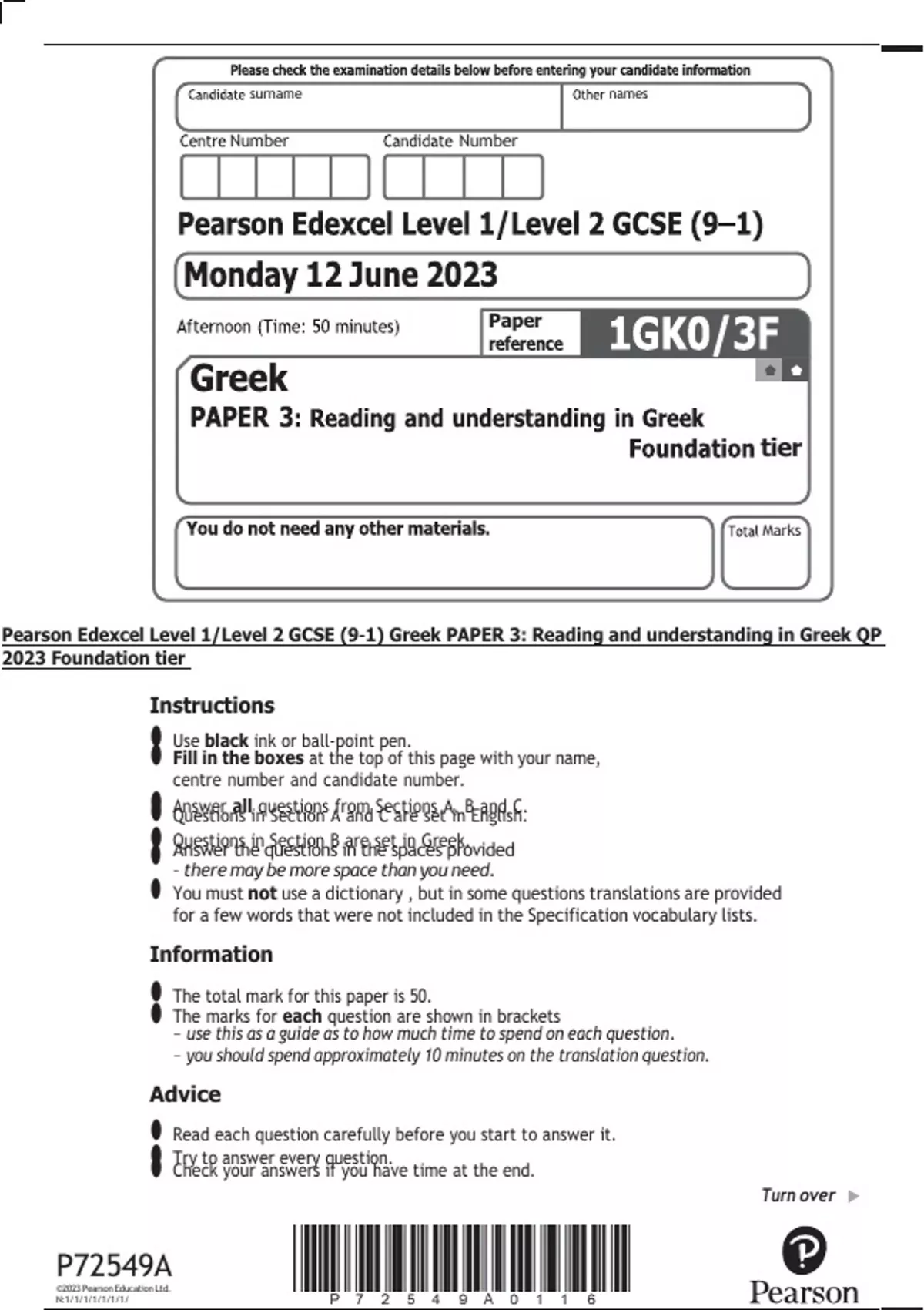 Pearson Edexcel Level 1/Level 2 GCSE (9–1) Greek PAPER 3: Reading and ...