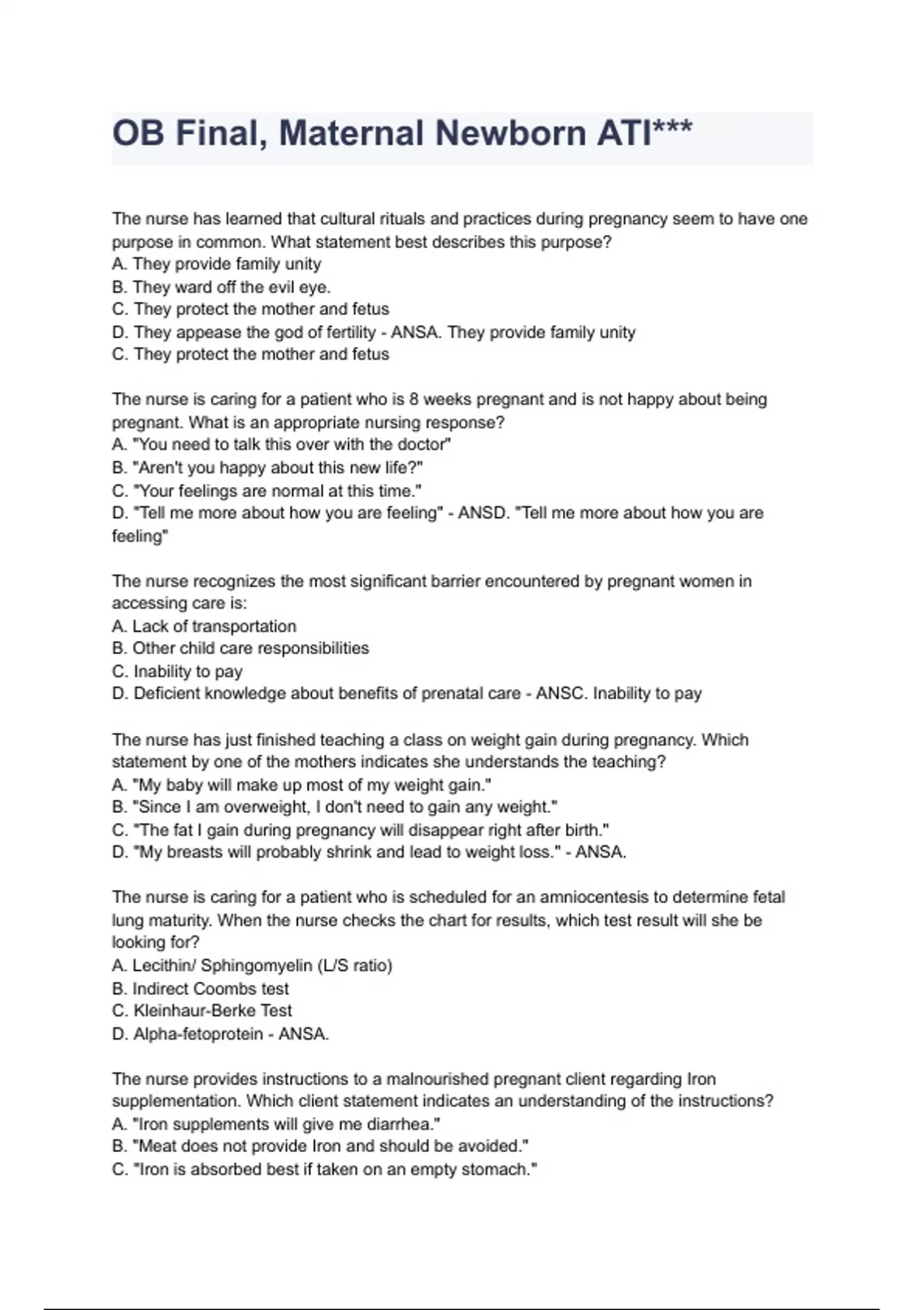 OB Final, Maternal Newborn ATI*** - ATI RN MATERNAL NEWBORN PROCTORE ...