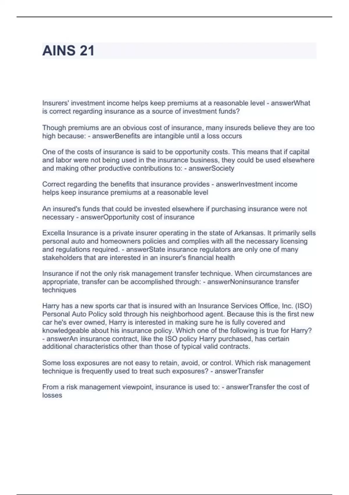 AINS 21 QUESTIONS WITH SOLUTIONS 2024 - Ains - Stuvia US