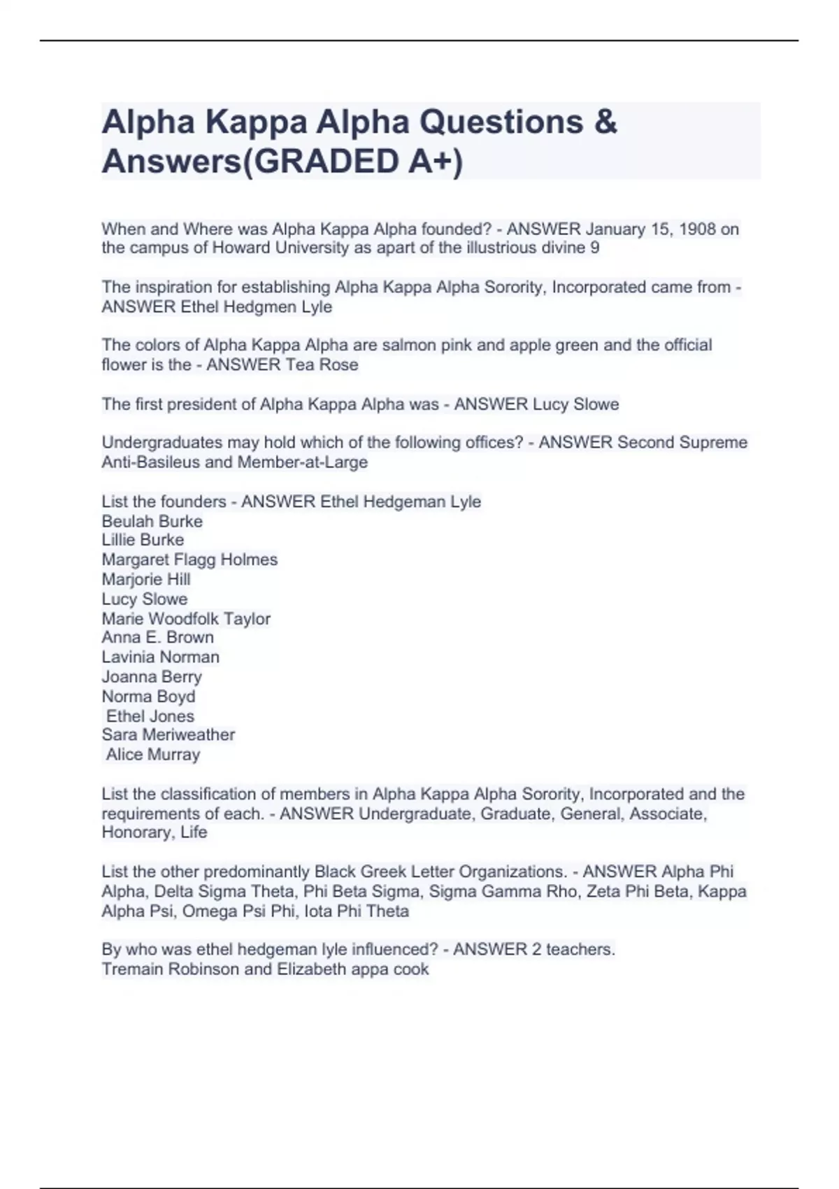 Alpha Kappa Alpha Questions & Answers(GRADED A+) - Alpha Kappa Alpha ...
