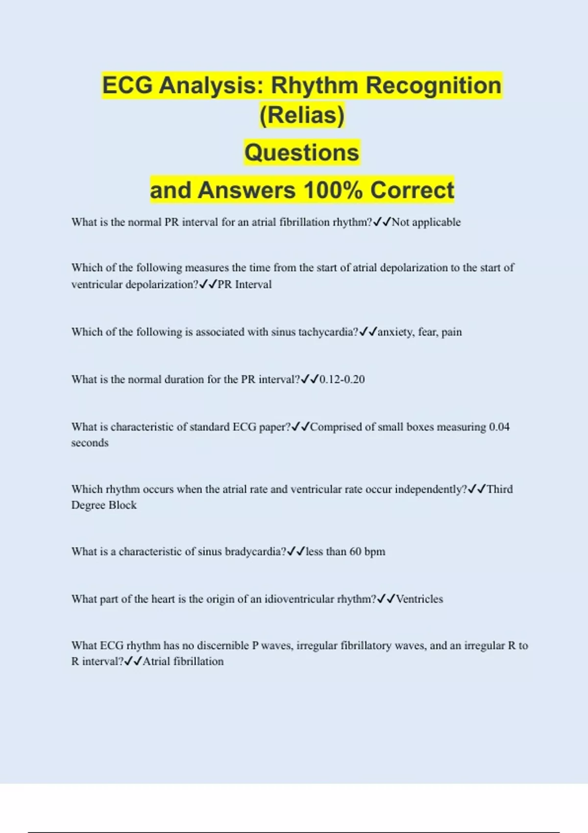 ECG Analysis: Rhythm Recognition (Relias) Questions and Answers 100% ...