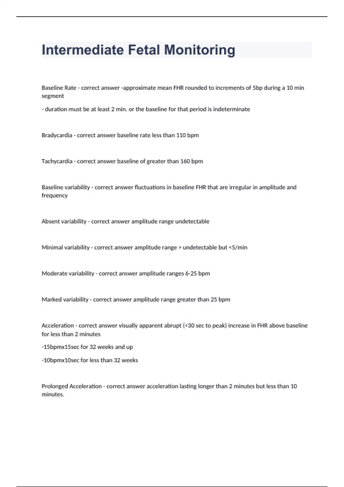 Intermediate Fetal Monitoring fully solved 2023/2024 - AWHONN - Stuvia US