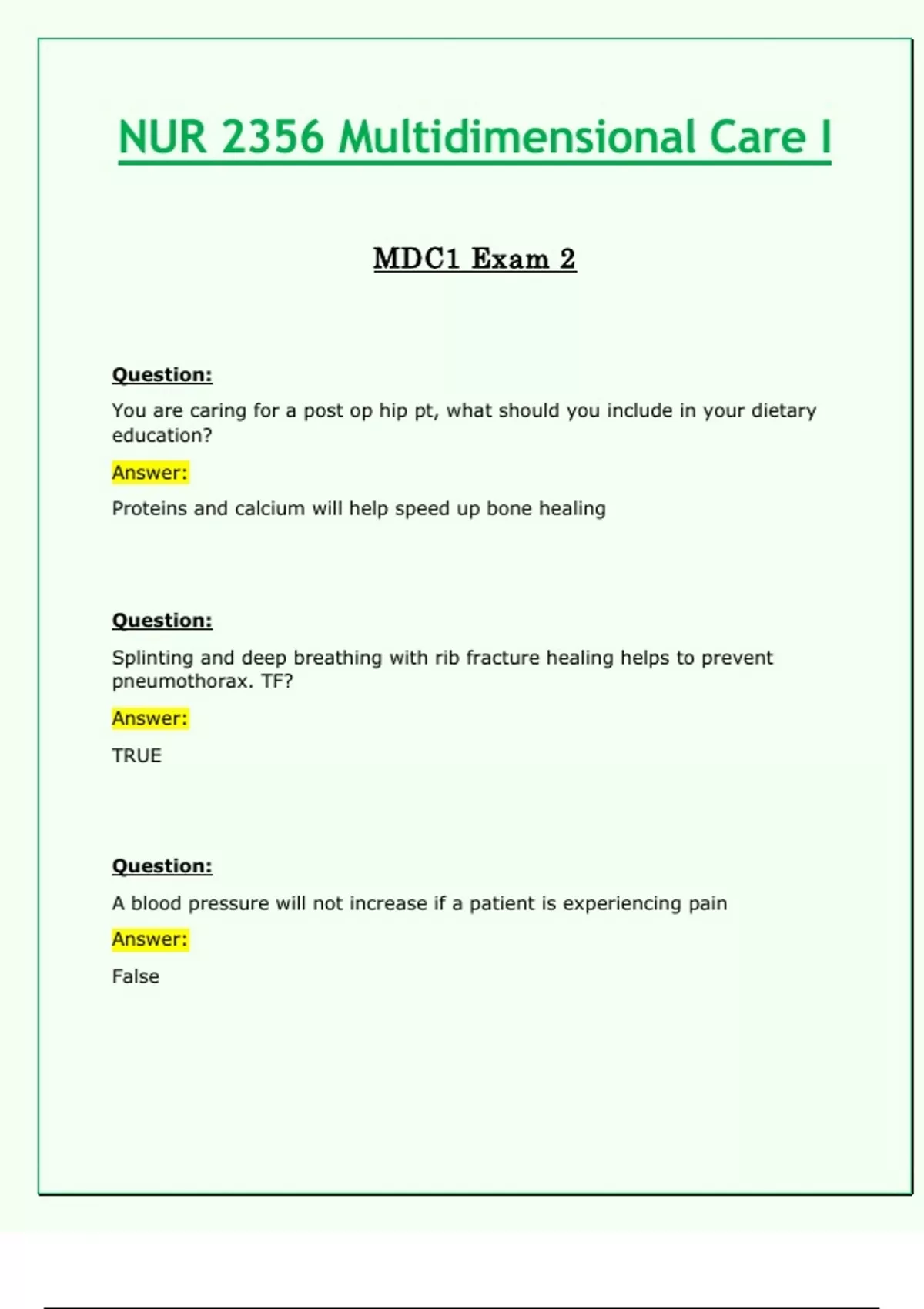 Nur 2356 Nur2356 Multidimensional Care I Mdc 1 Exam 2 Latest 2024