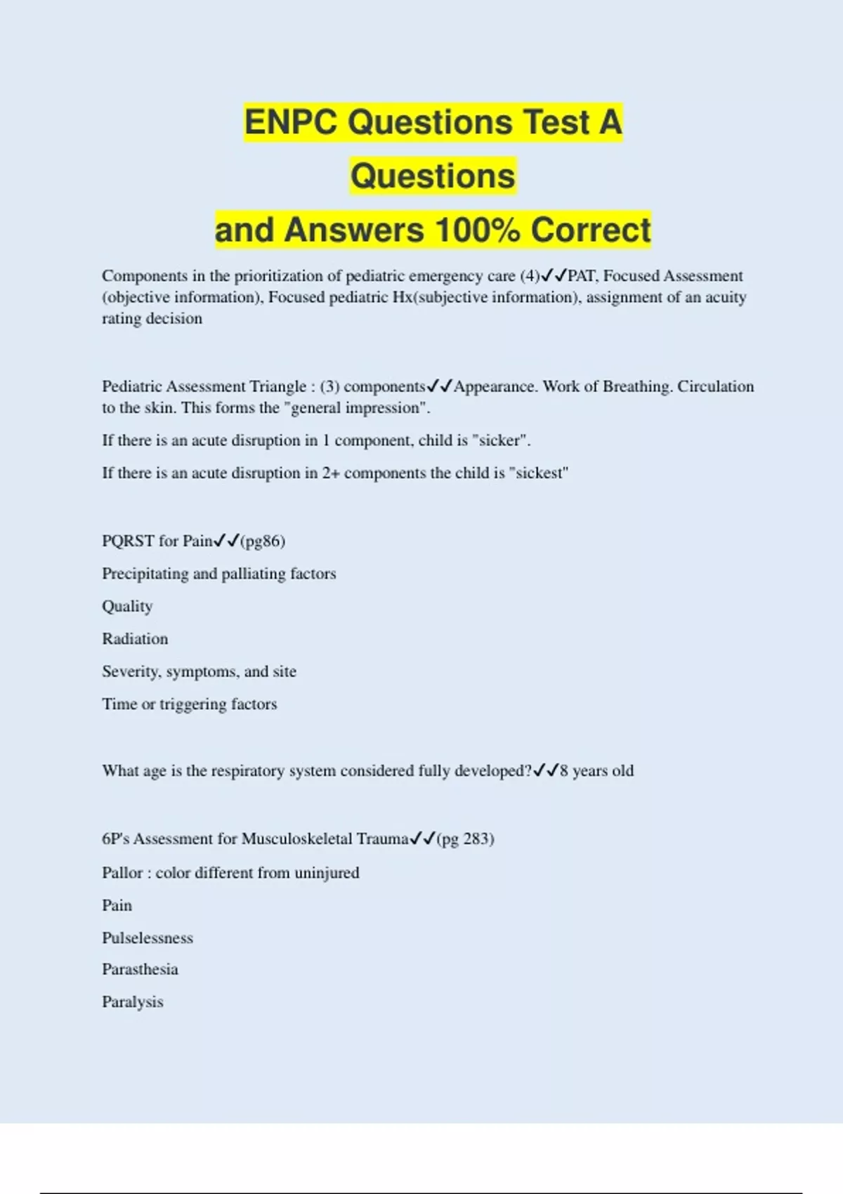 ENPC Questions Test A Questions and Answers 100% Correct - ENPC - Stuvia FR