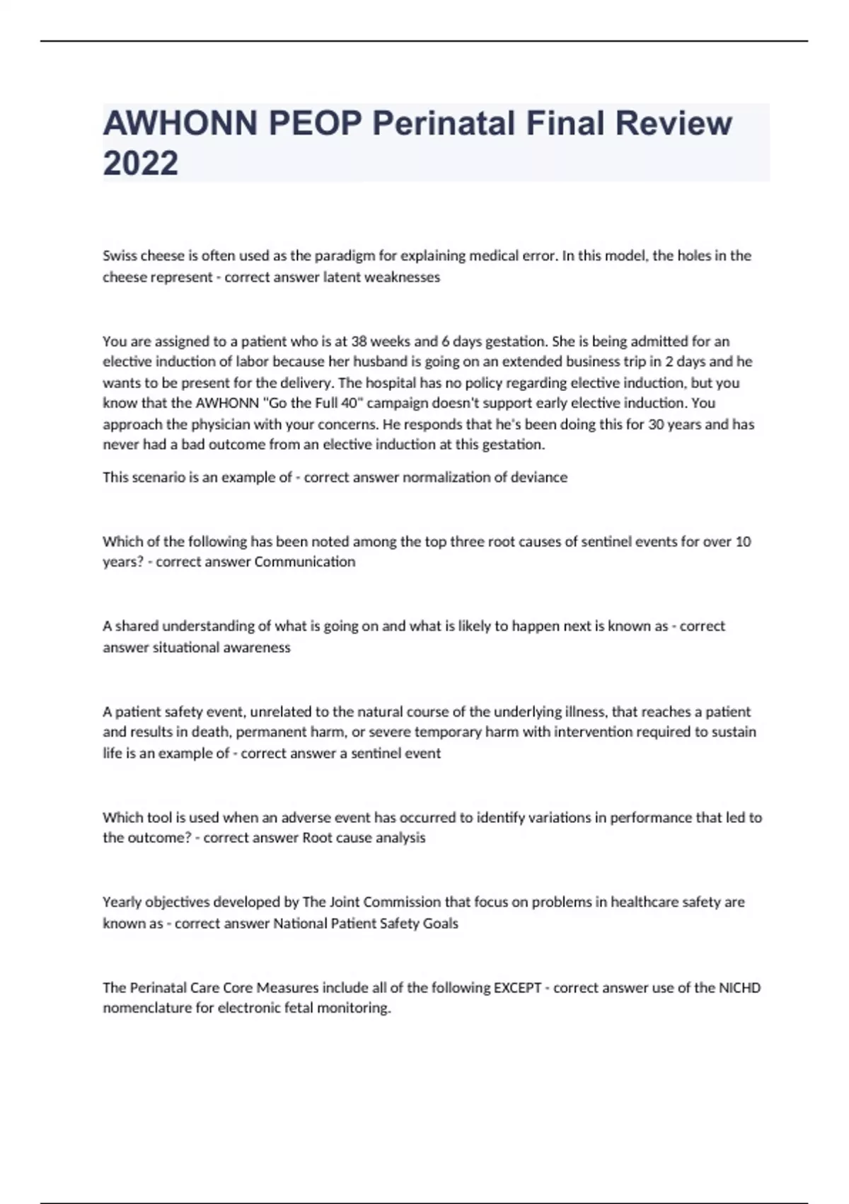 AWHONN PEOP Perinatal Final Review 2022 updated to pass - AWHONN ...