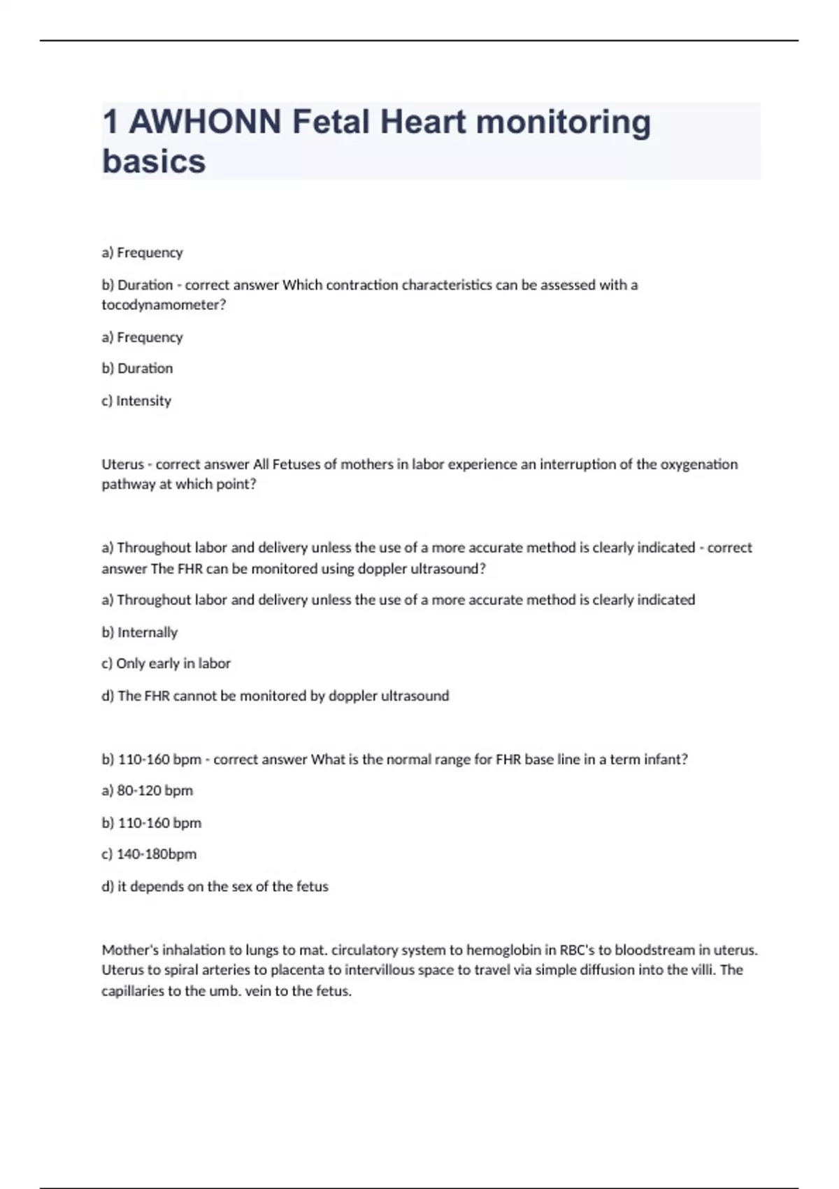 1 AWHONN Fetal Heart monitoring basics correctly answered rated A+ 2023 ...